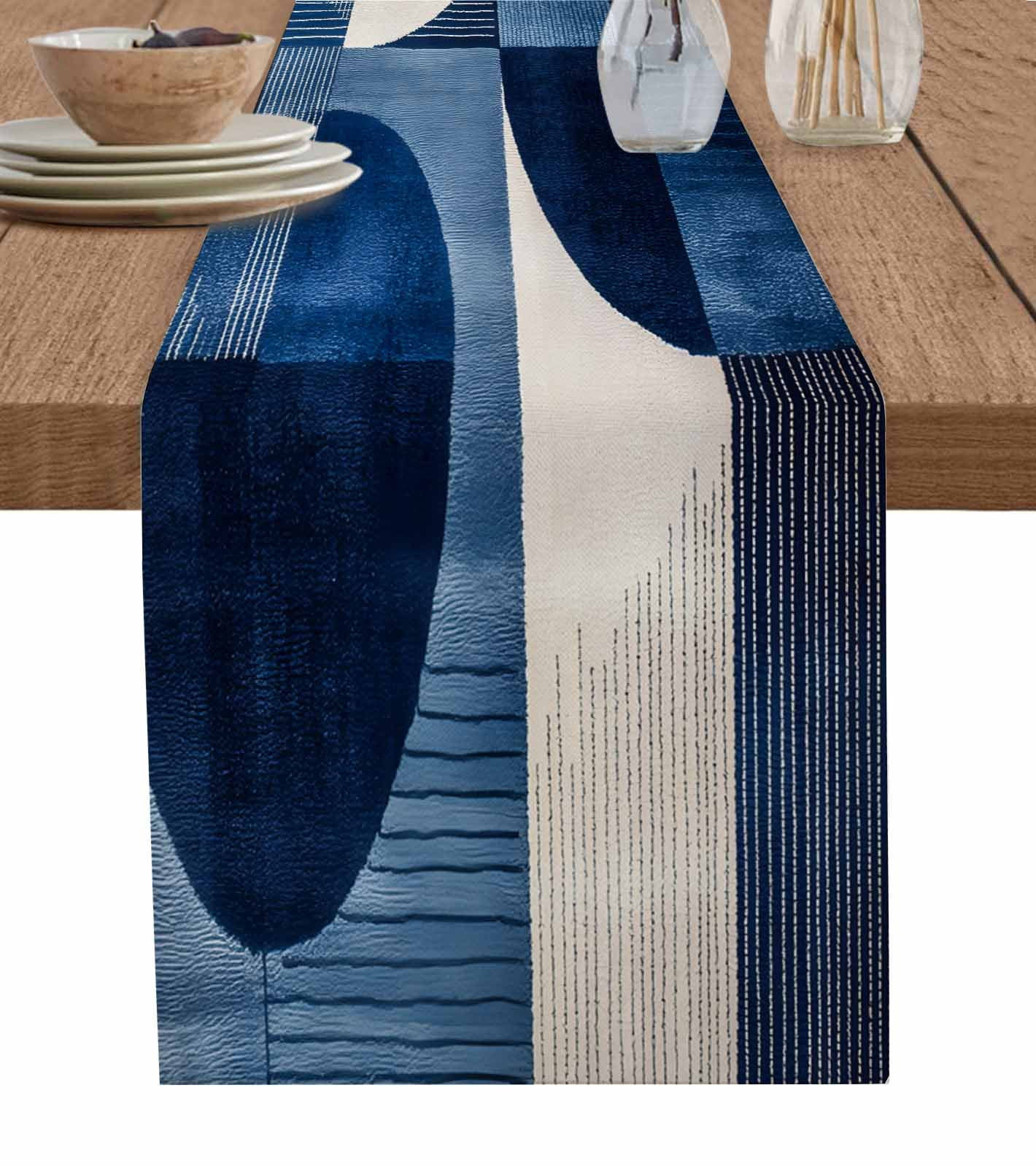 Navy Blue Geometric Table Runner 120 Inches, Abstract Art Color Block ...