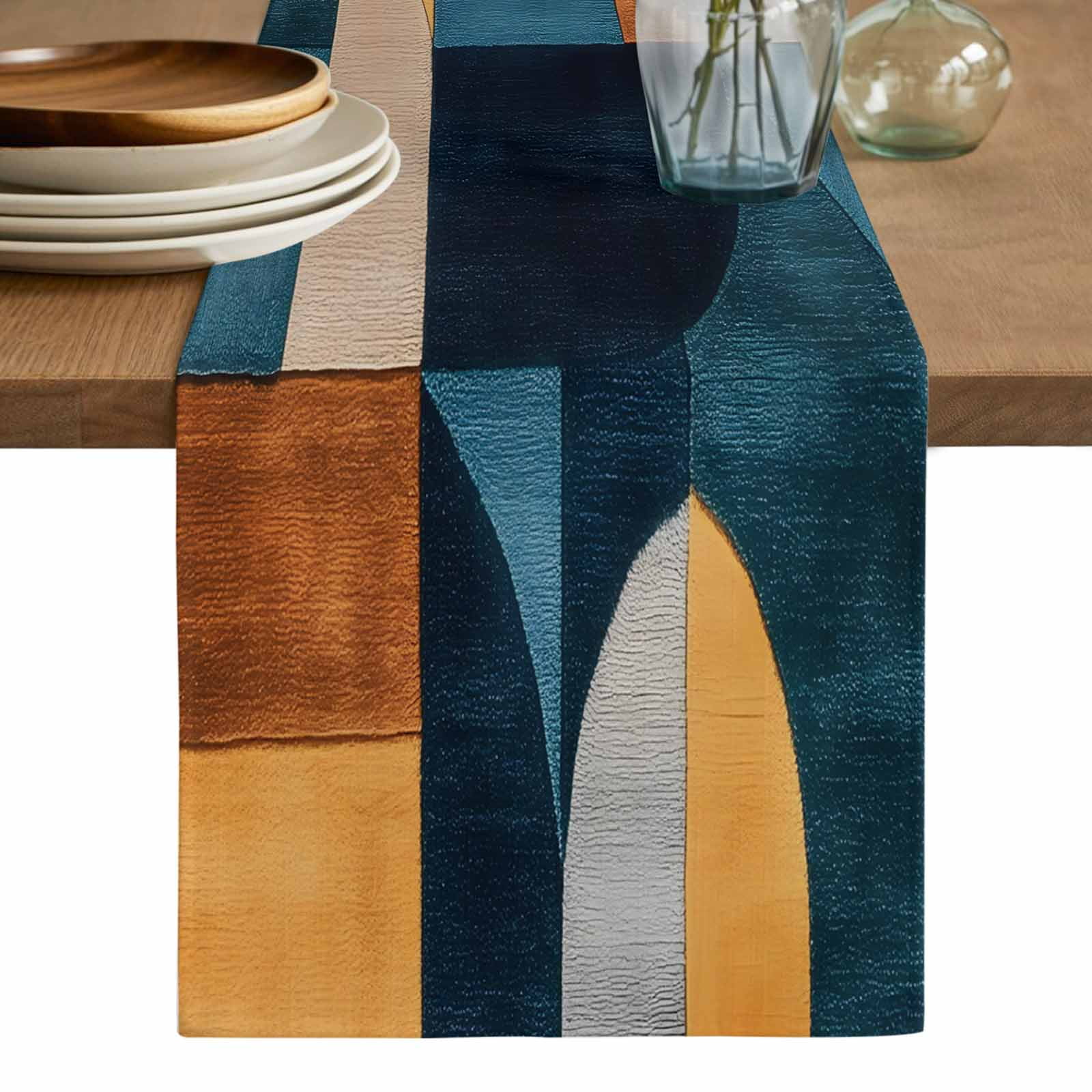 Navy Blue Geometric Table Runner, Abstract Art Boho Washable Cotton ...