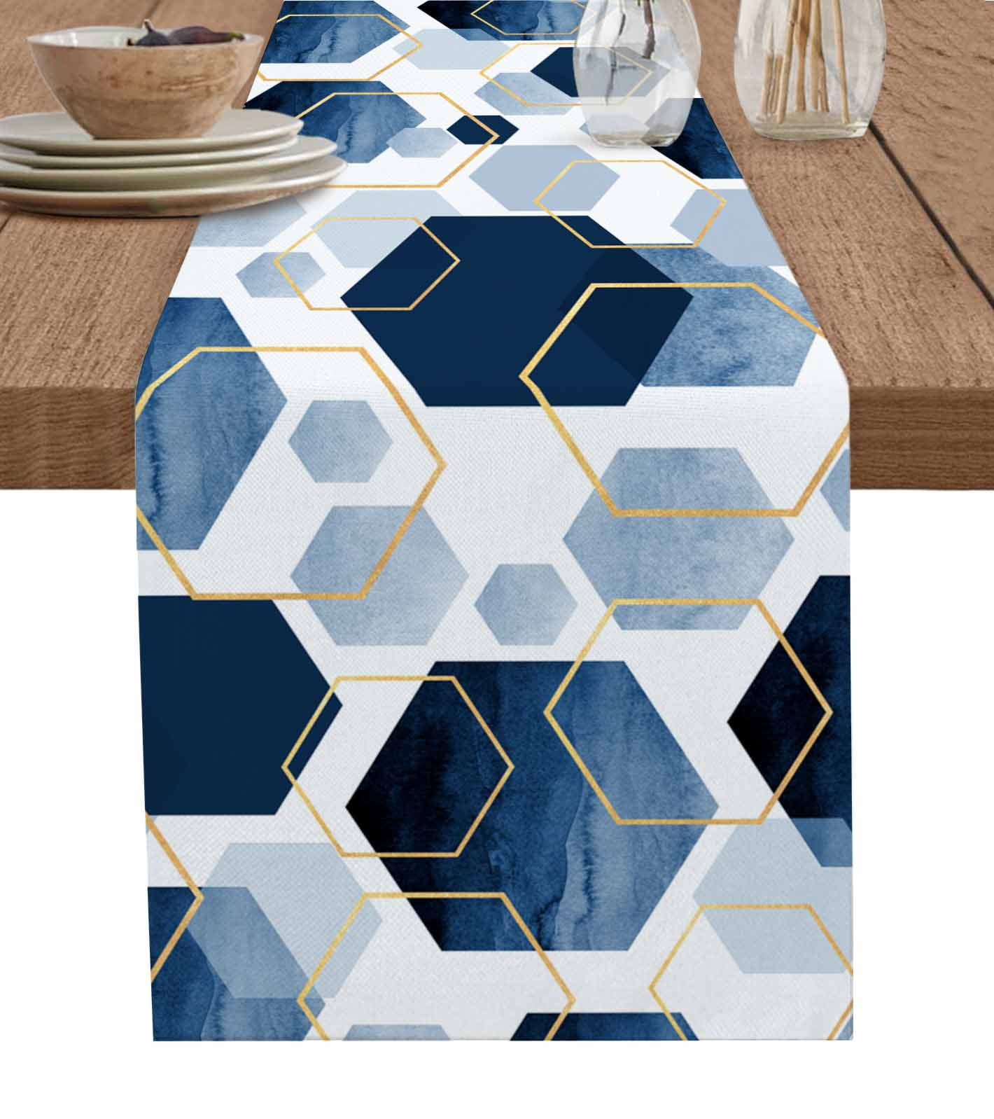 Navy Blue Geometric Table Runner Gold White Hexagon Modern Tablerunners ...