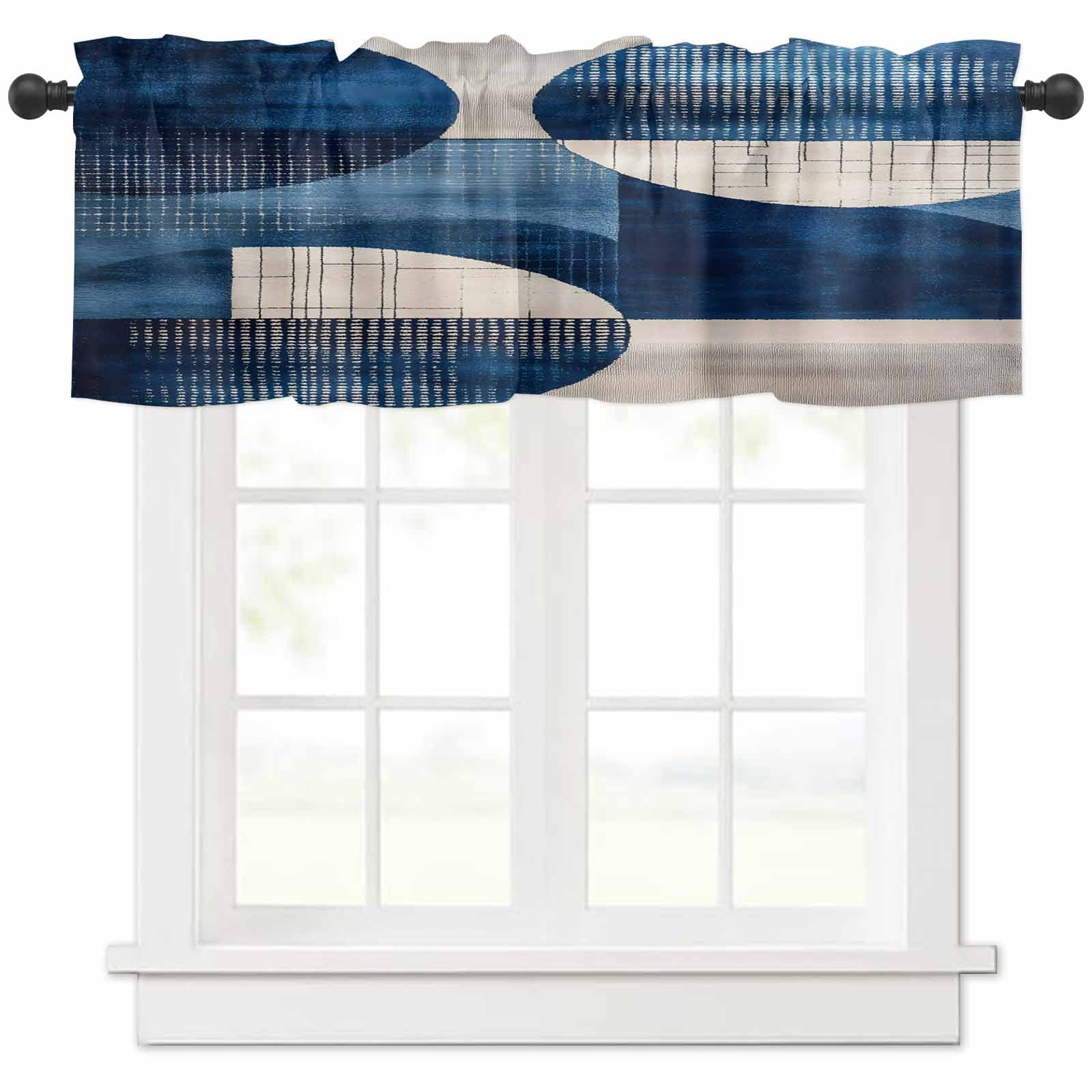 Navy Blue Geometric Valances for Windows Farmhouse Kitchen Curtains ...