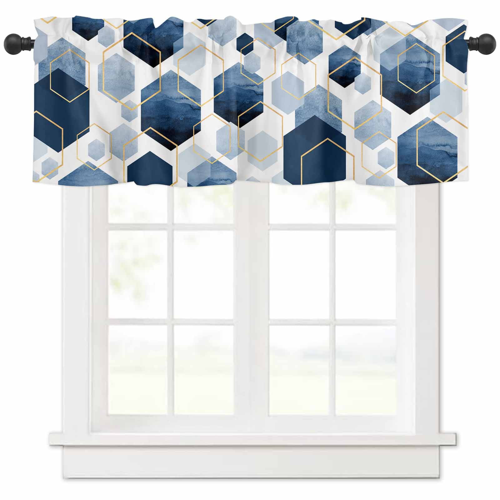 Navy Blue Geometric Valances for Windows Farmhouse Kitchen Curtains ...