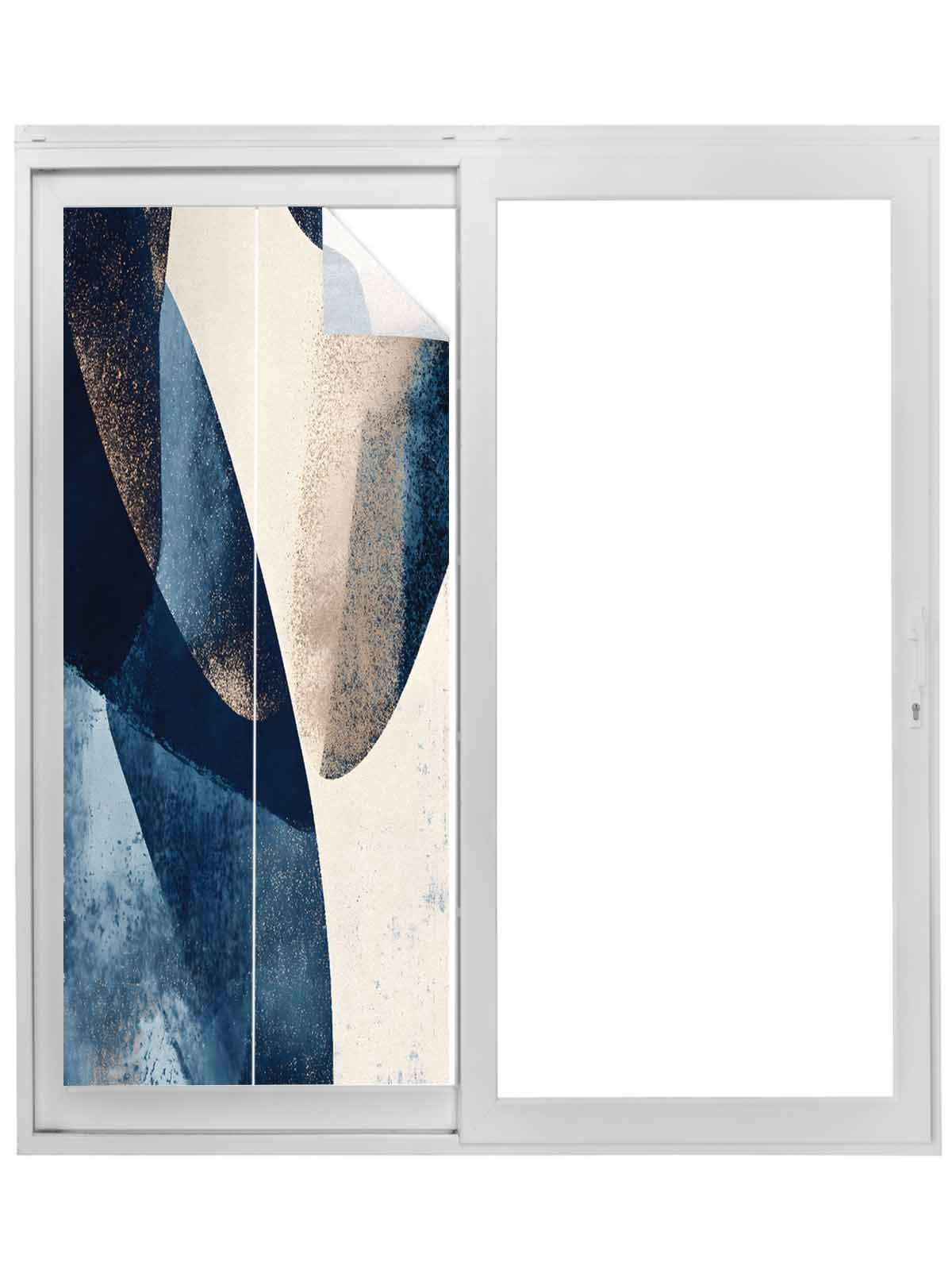 Navy Blue Geometric Window Privacy Film, Modern Beige Abstract Art ...