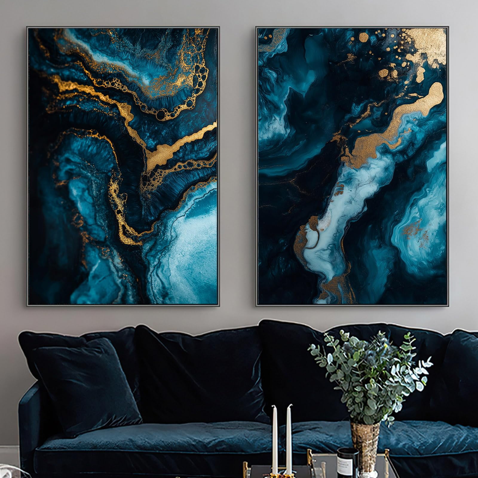 Navy Blue and Gold Abstract Wall Art Blue Marble Pictures Modern ...