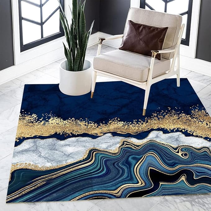 Navy Blue Gold Aesthetic Area Rug Marble Pattern Modern Abstract Carpet ...