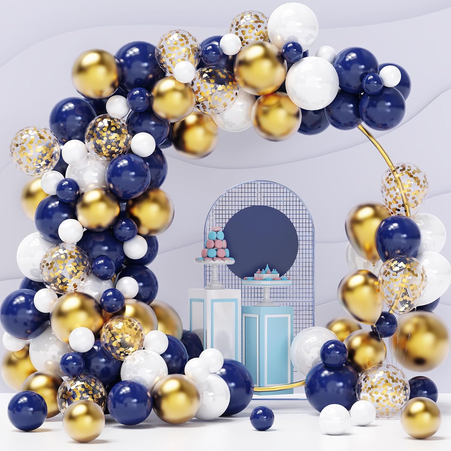 Navy Blue Gold Balloons Garland Kit, 120 Pcs Navy and Gold Confetti White Balloons Arch for ...