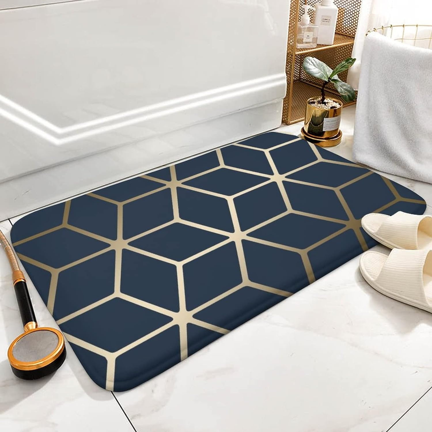 Navy Blue Gold Bath Mat Non-Slip Bathroom Rugs 16x24 in Soft Absorbent ...