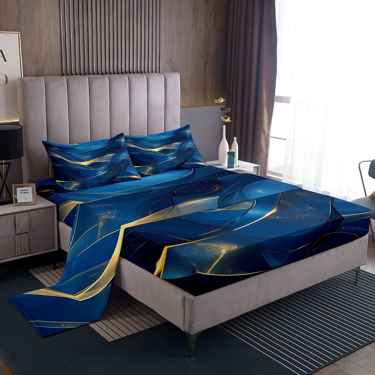 Navy Blue and Gold Bed Sheets Set Queen Size,Abstract Marble Aesthetic ...