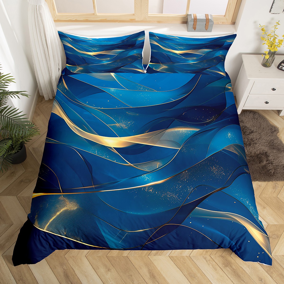 Navy Blue and Gold Bedding Set,Abstract Marble Aesthetic Duvet Cover ...
