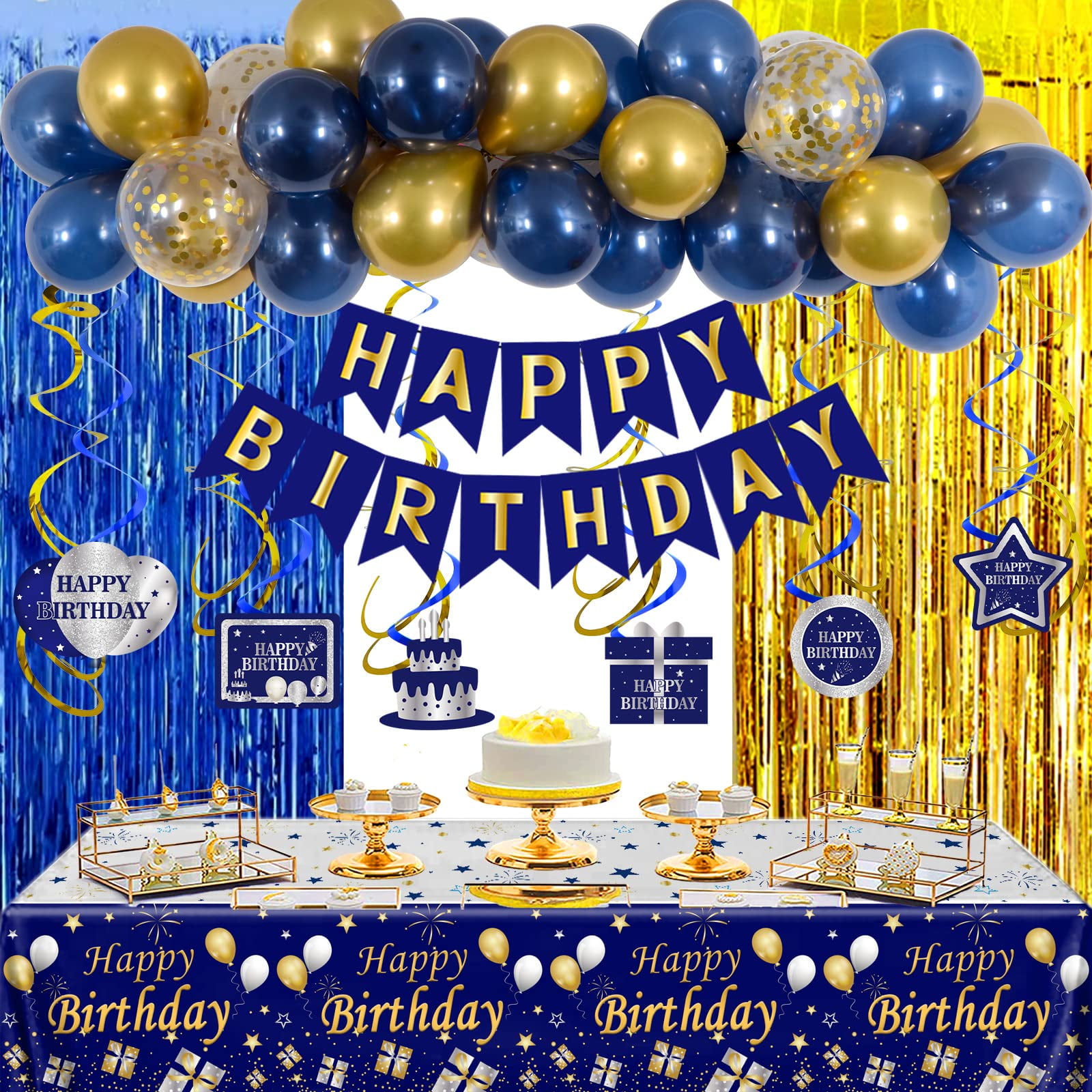 Navy Blue Gold Birthday Party Decorations for Men Birthday Banner Decorations Party Supplies ...