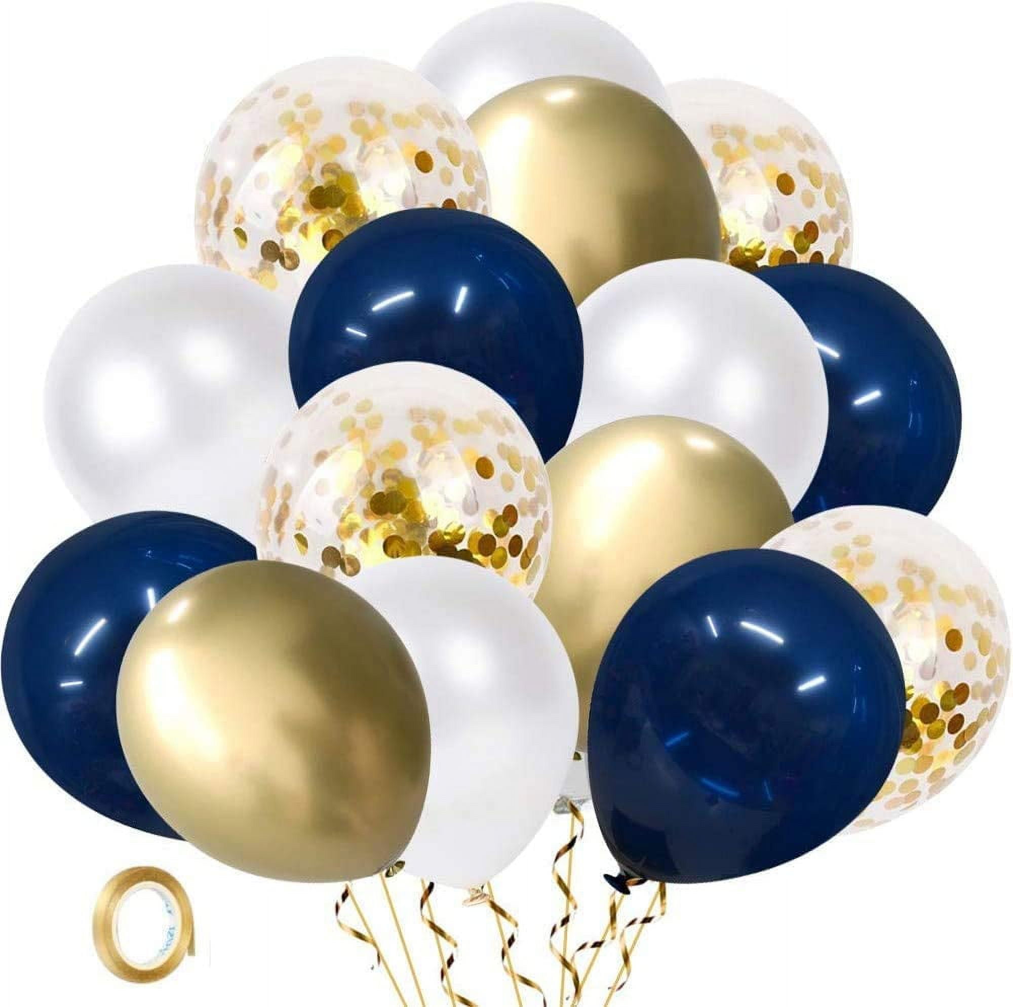 Navy Blue and Gold Confetti Balloons, 60 pcs 12 inch Pearl White and Gold Metallic Chrome Party ...