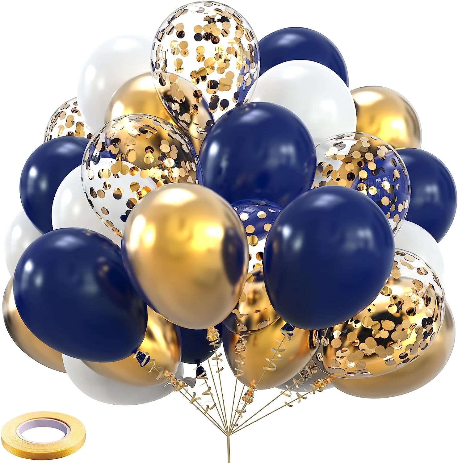 Navy Blue and Gold Confetti Balloons, 60 pcs 12 inch Pearl White and Gold Metallic Chrome Party ...