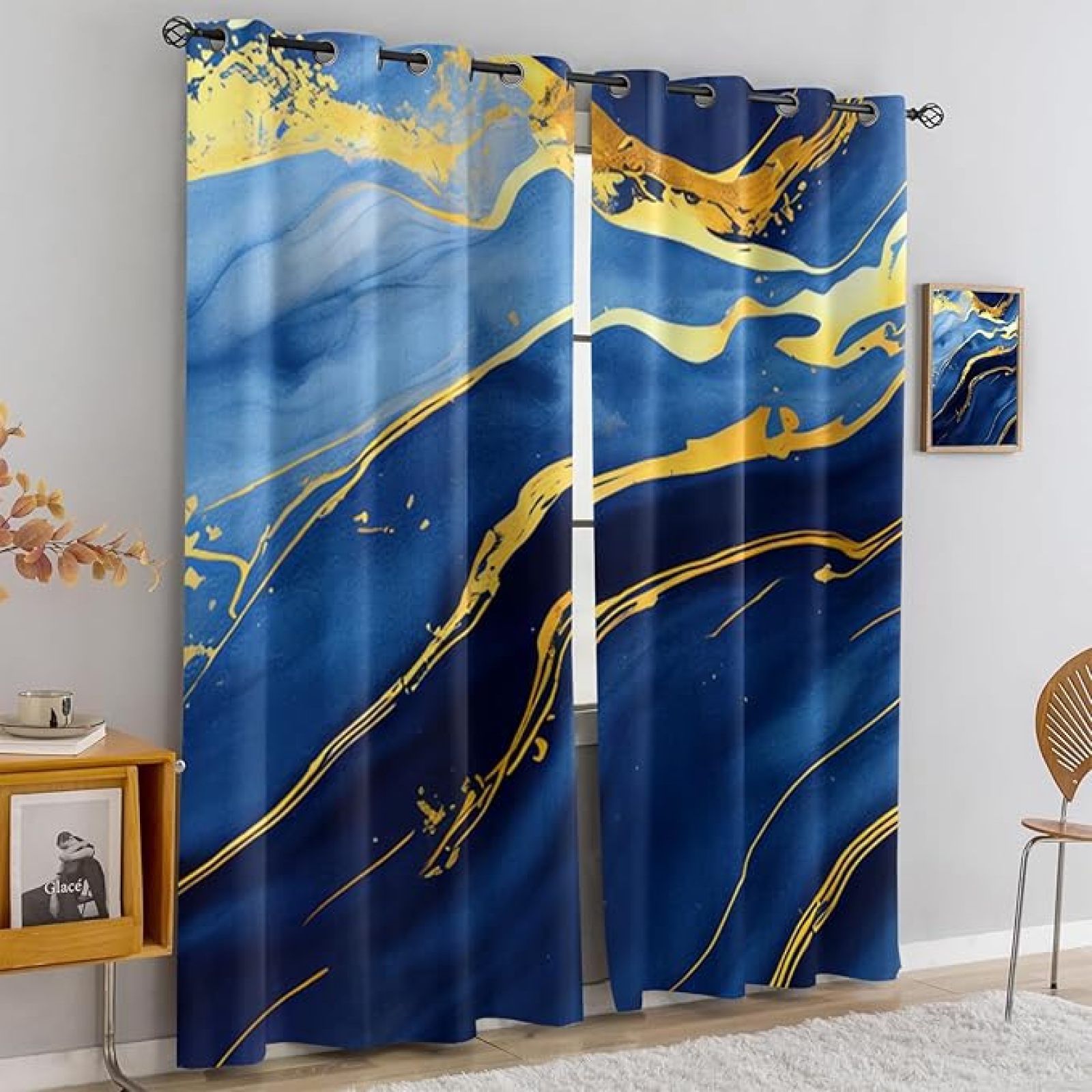 Navy Blue Gold Foil Marble Texture Curtain, Marble Gold Texture Blue ...