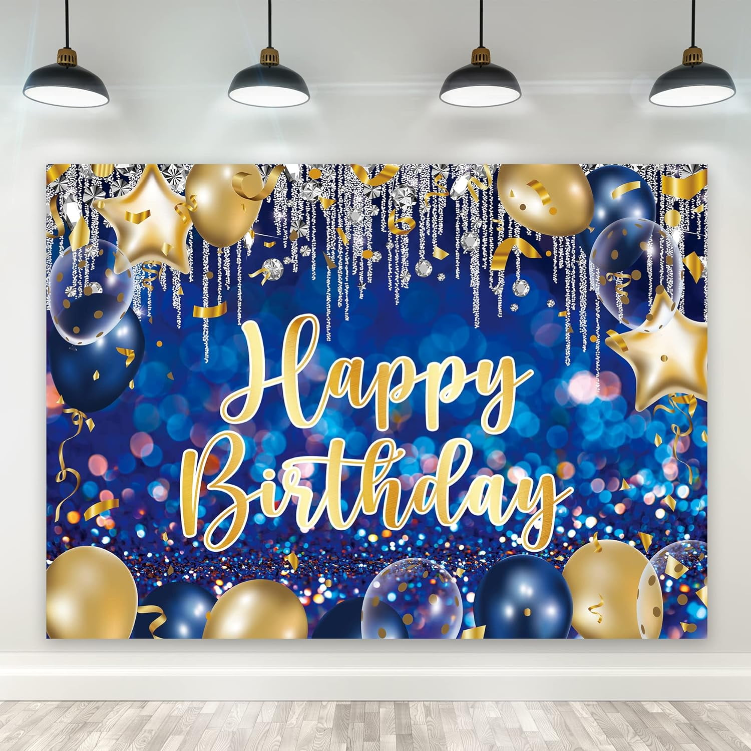 Navy Blue Gold Happy Birthday Backdrop Girls Party Polyester Balloons ...
