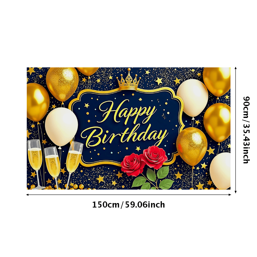 Navy Blue and Gold Happy Birthday Banner with Crown Stars Balloons Roses and Champagne Glasses ...