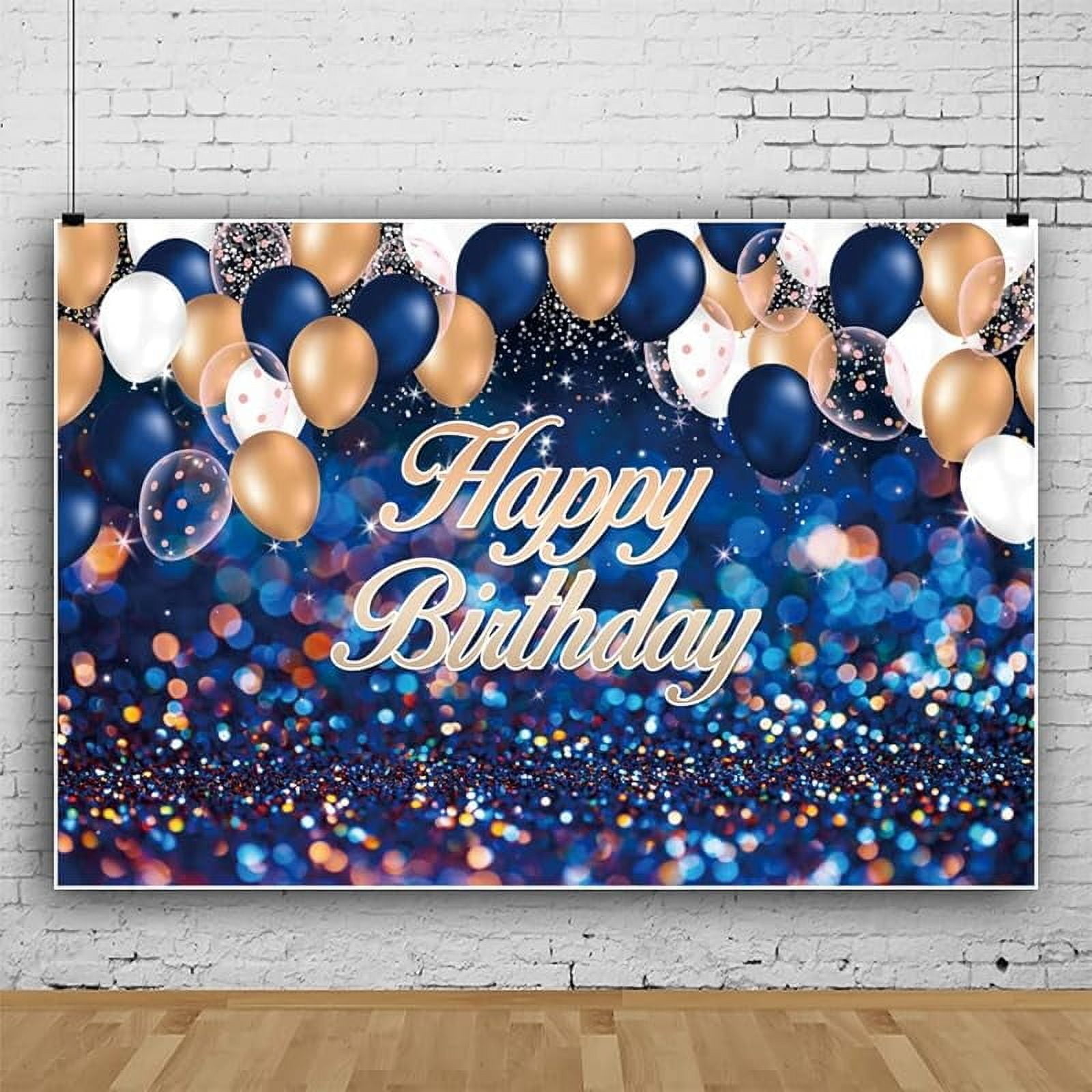 Navy Blue and Gold Happy Birthday Sign Backdrop for Photography, Blue Gold Ballons Glitter ...