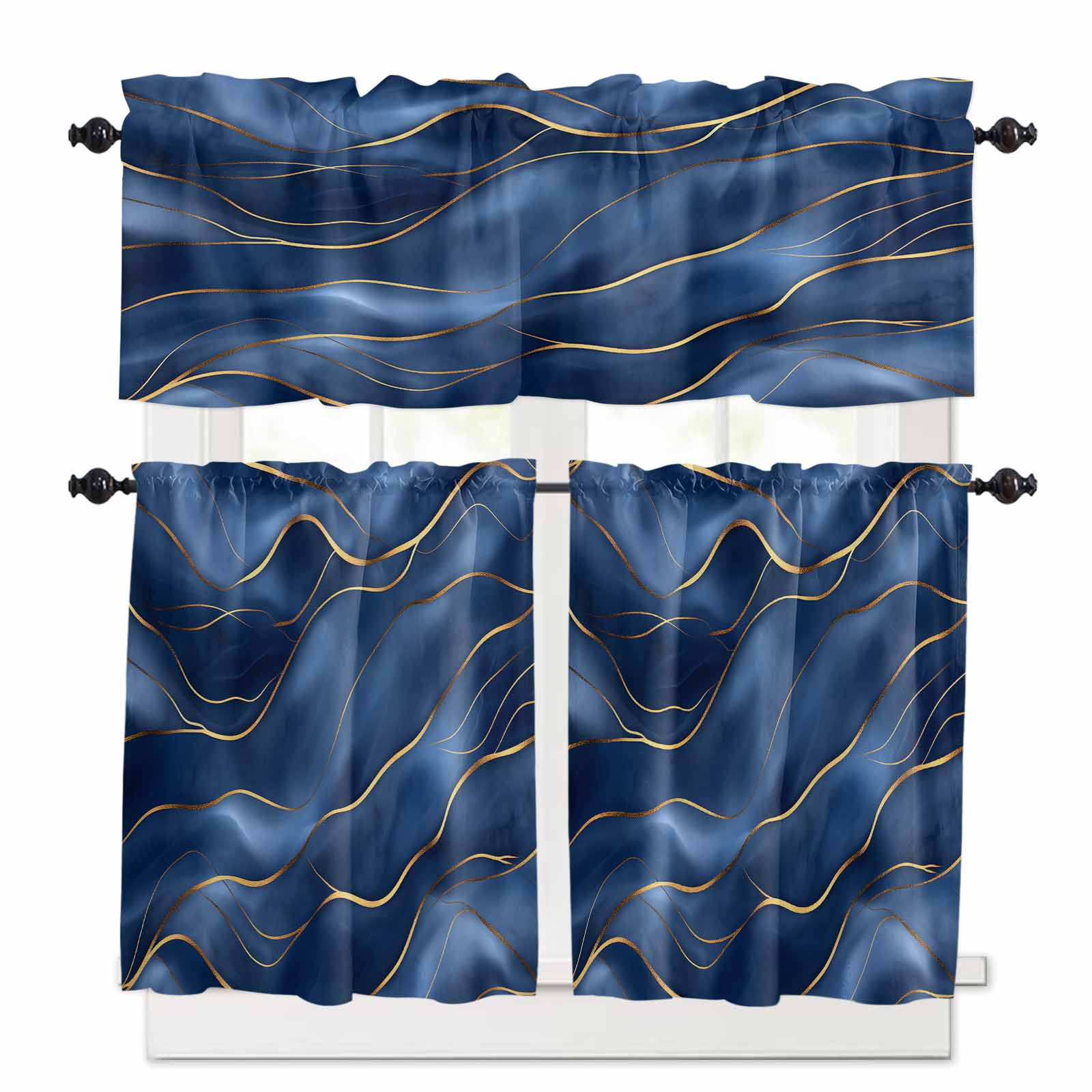 Navy Blue Gold Kitchen Curtains Set for Windows 3 Pieces,24 Inch Length ...