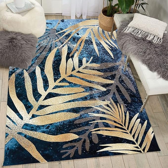 Navy Blue Gold Leaves Area Rug, Natural Tropical Print Rugs, Non Slip ...