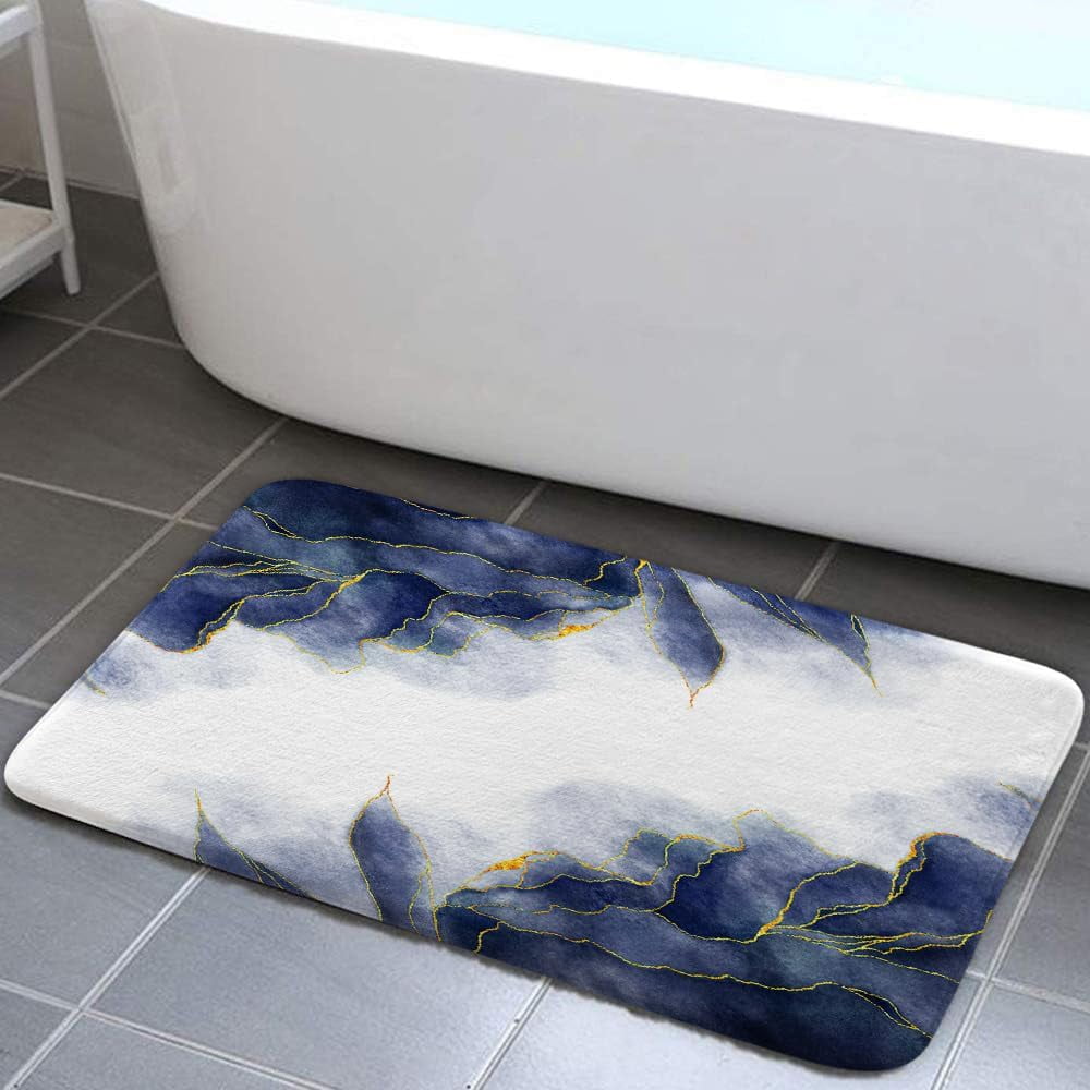 Navy Blue and Gold Marble Bath Mat for Bathroom, Modern Abstract Dark ...