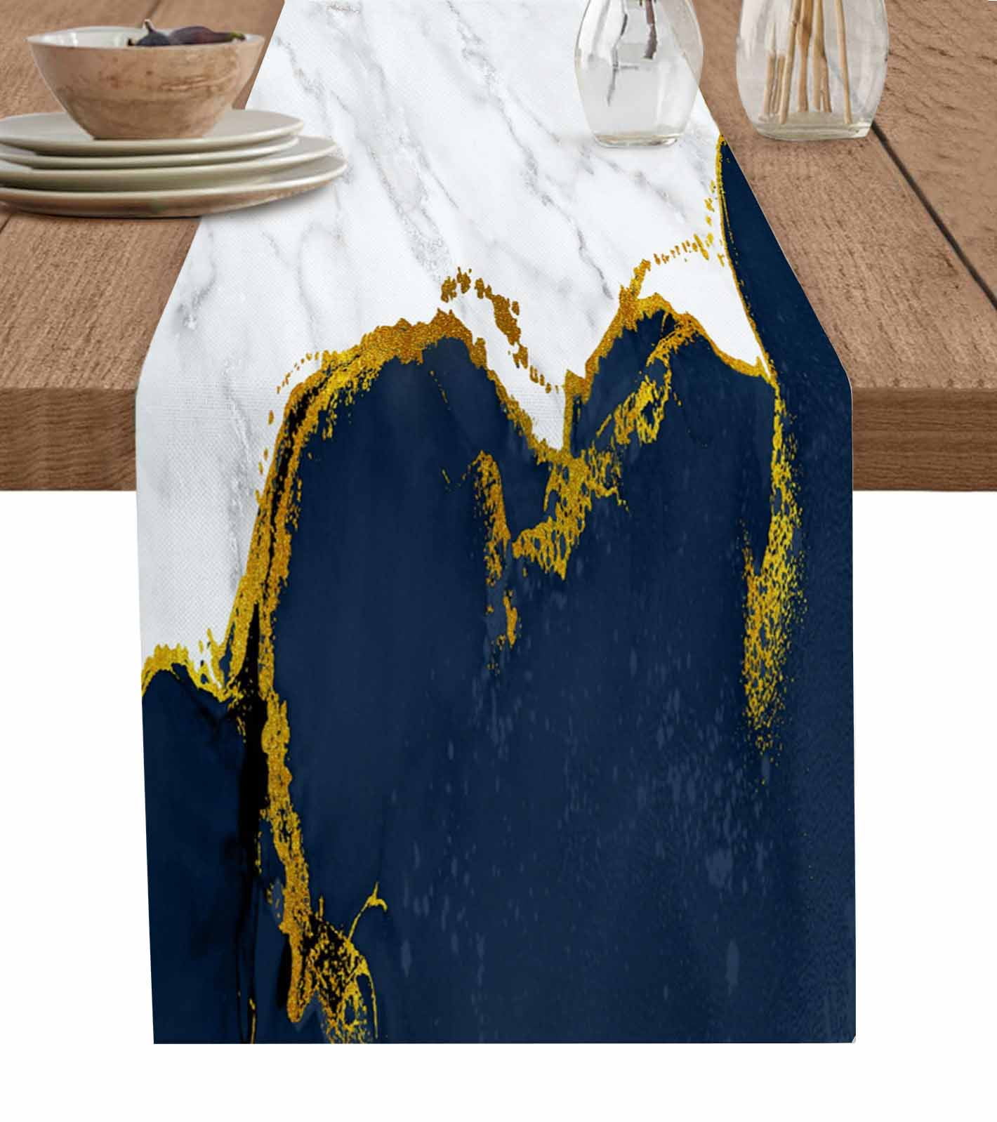 Navy Blue Gold Marble Burlap Cotton Table Runner 13x120 Inches Long ...