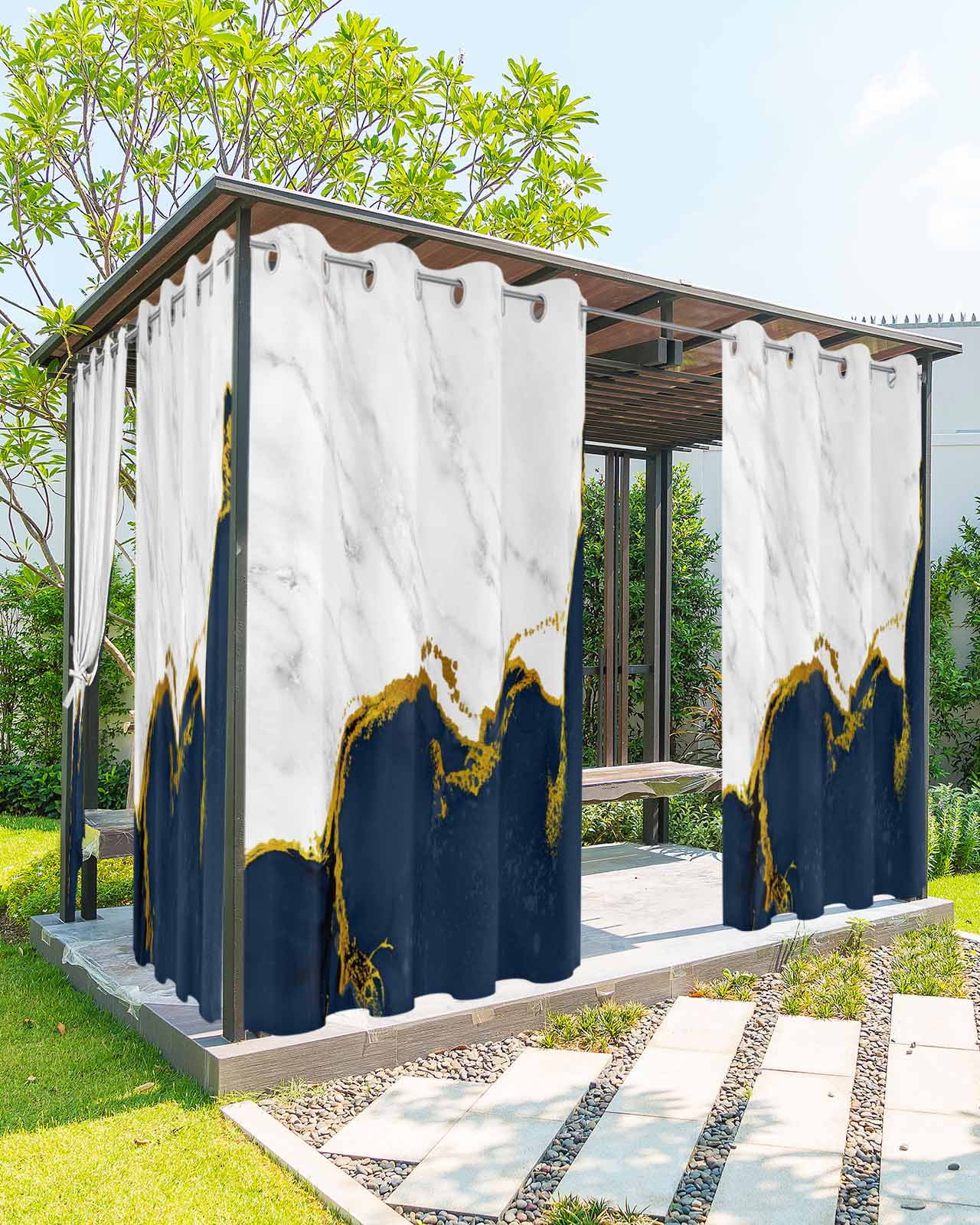 Navy Blue Gold Marble Outdoor Curtains for Patio, Modern Abstract ...