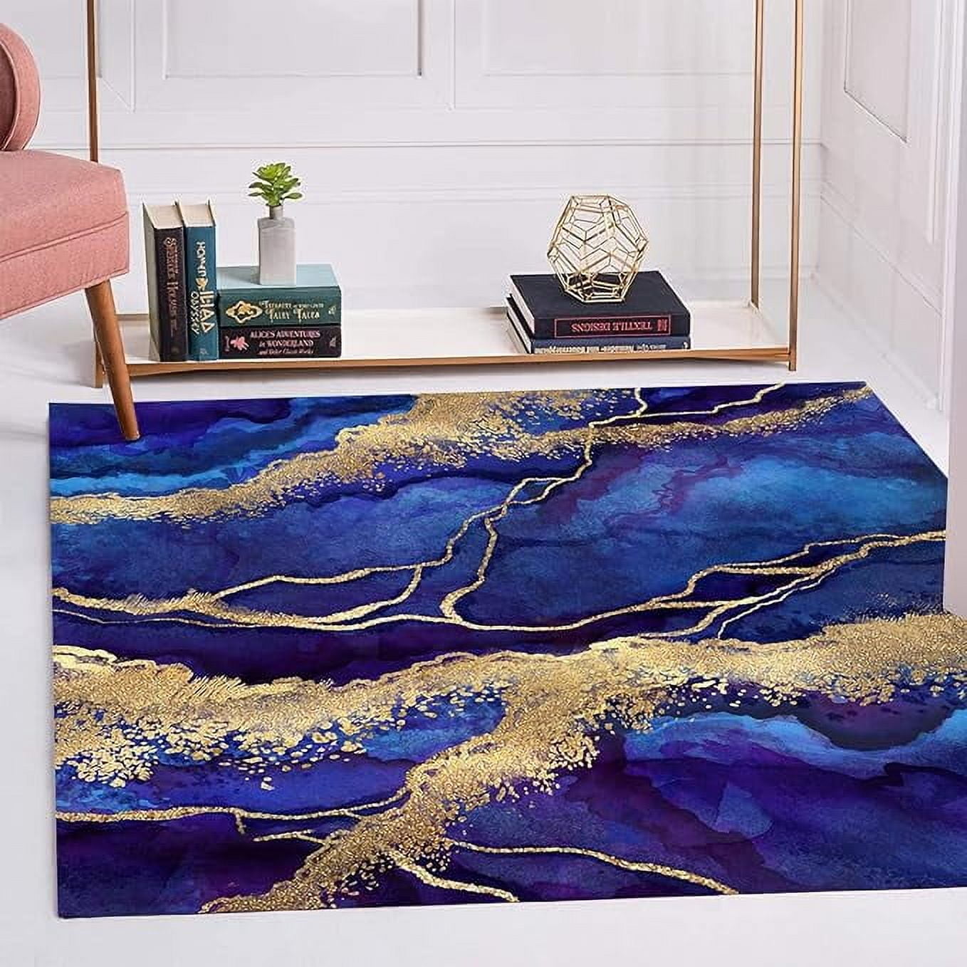 Navy Blue Gold Marble Pattern Area Rugs Washable Soft Modern Abstract ...