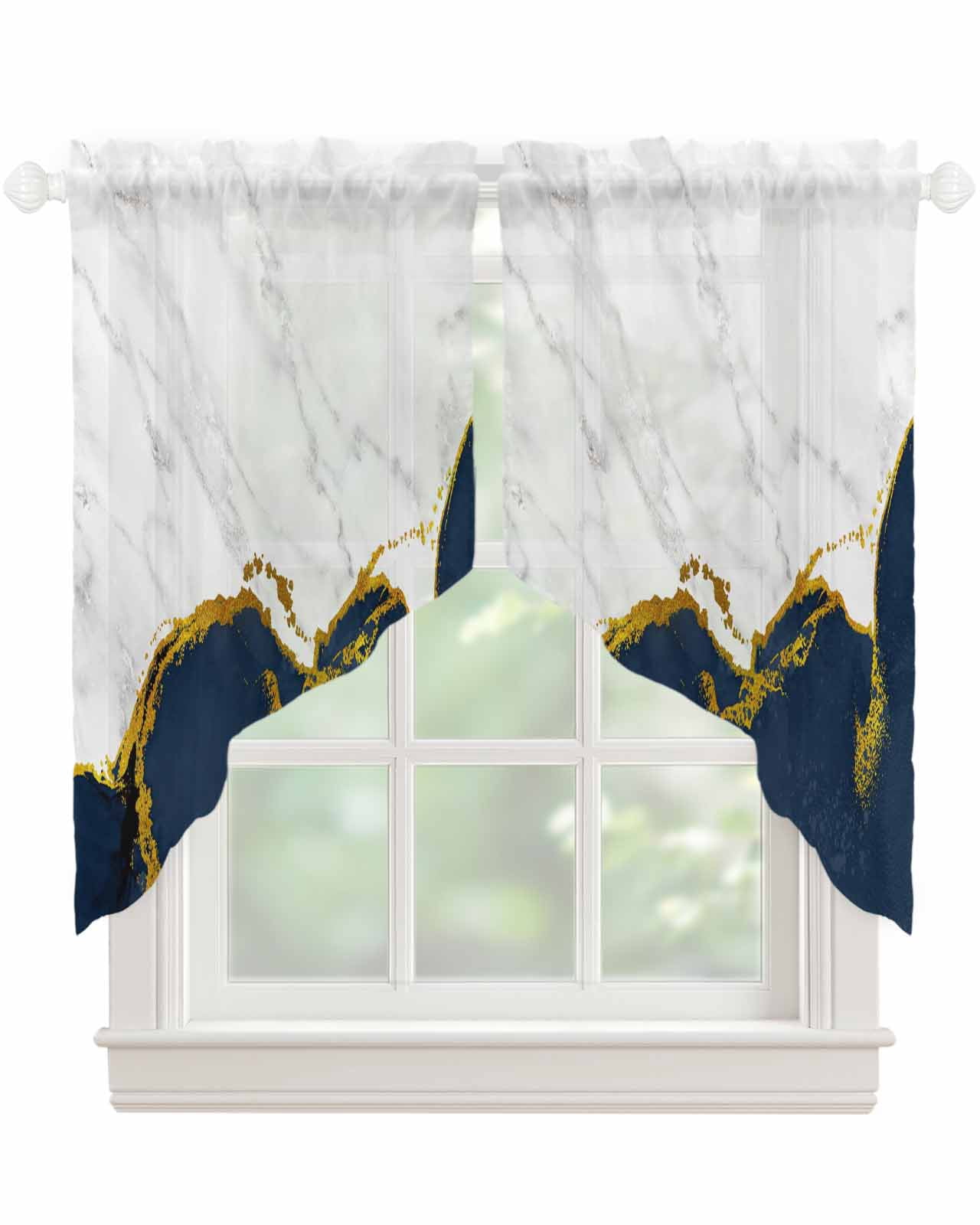 Navy Blue Gold Marble Swag Valances for Windows, Modern Abstract Marble ...