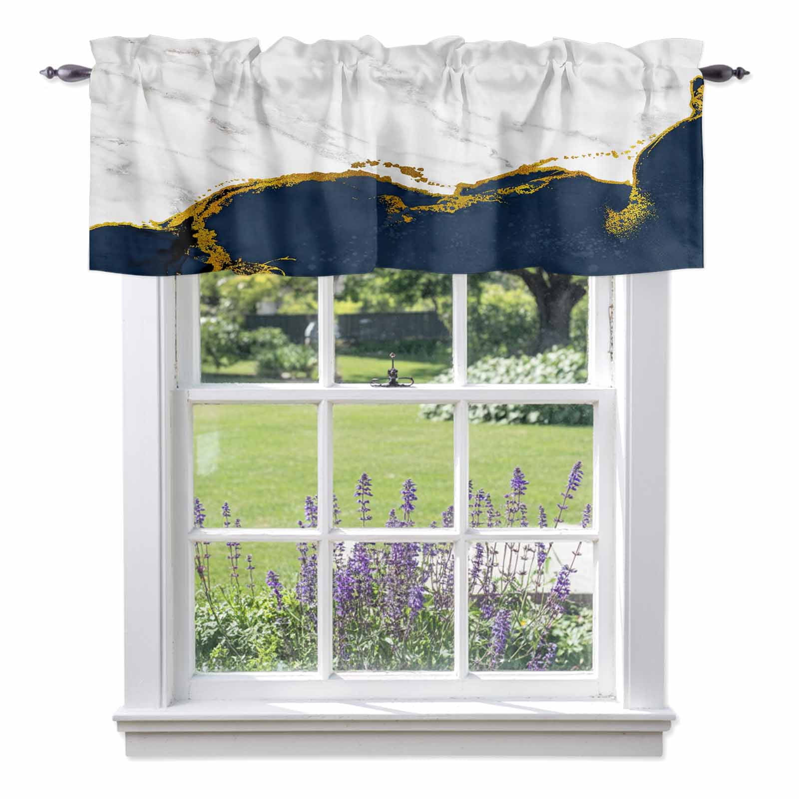 Navy Blue Gold Marble Valances for Windows, Abstract Wave Valance ...