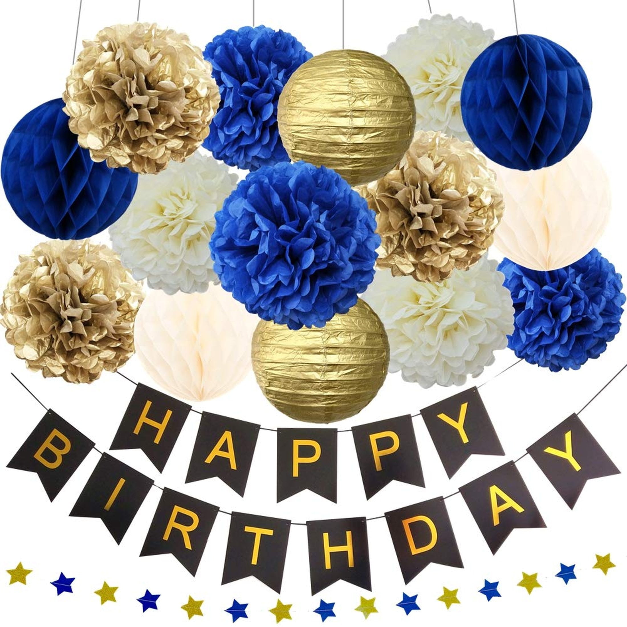 Navy Blue Gold Party Kit: Happy Birthday Banner, Tissue Paper Flower Pom Poms, Lanterns ...