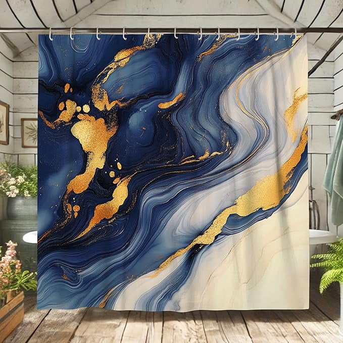 Navy Blue And Gold Shower Curtain, Abstract Marble Pattern Bath Curtain ...