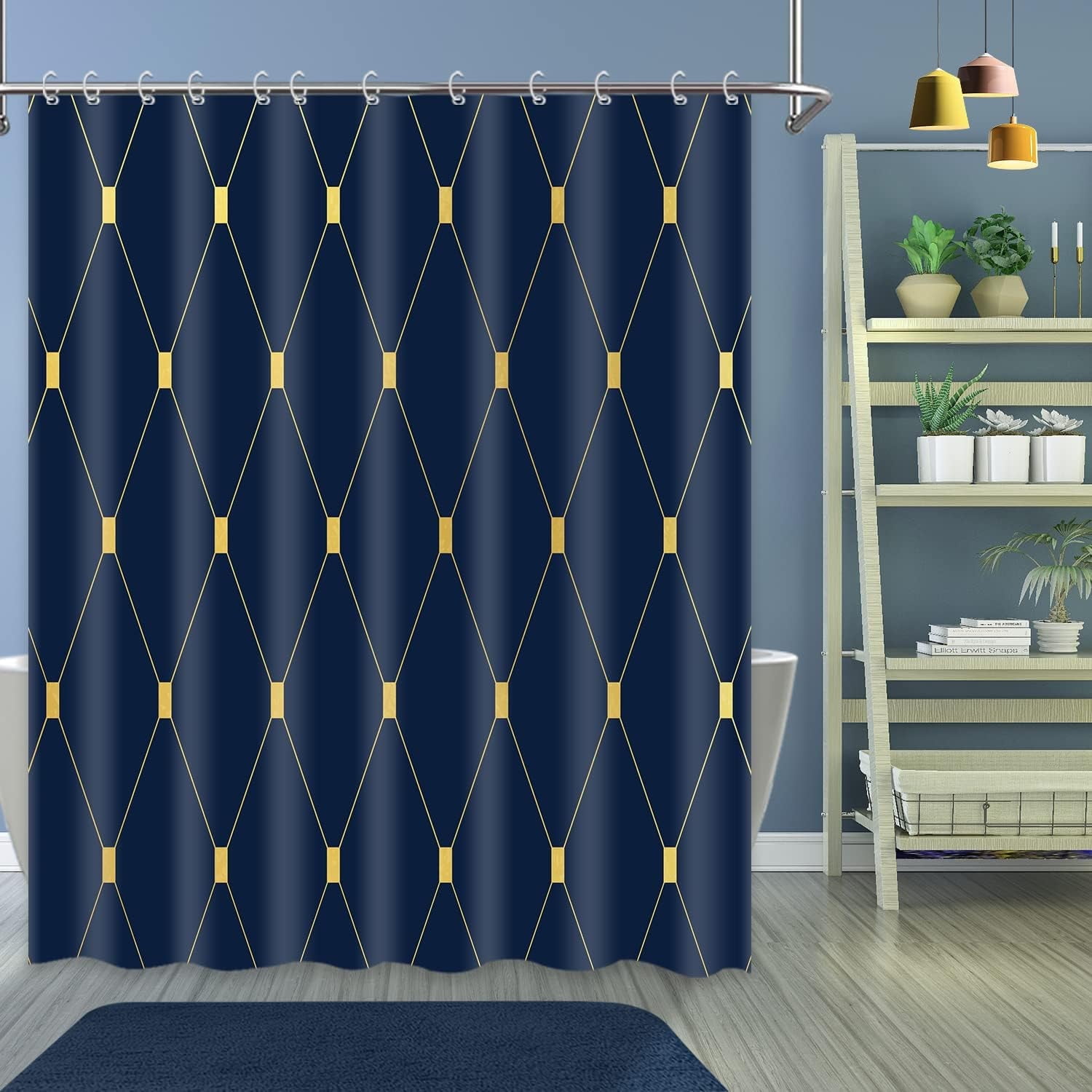 Navy Blue and Gold Shower Curtain, Modern Striped Shower Curtain Set ...