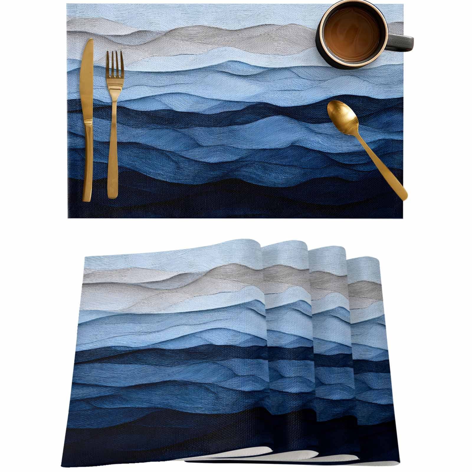 Navy Blue Gradient Water Ripple Placemats Set of 4,Wipeable Washable ...
