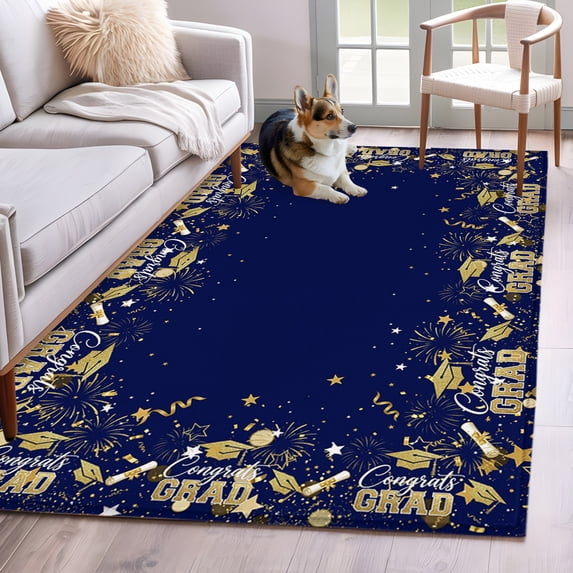 Navy Blue Graduation Cap Washable Area Rug 2.7x5 Gold Stars Academic ...
