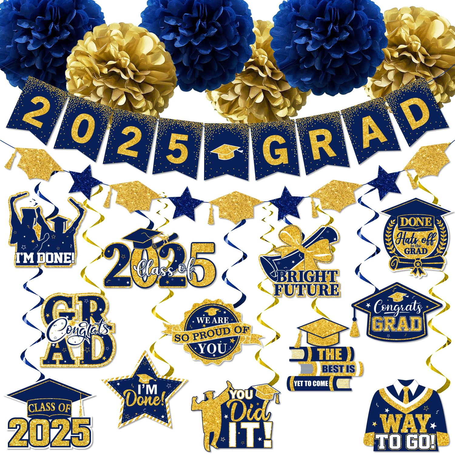 Navy Blue Graduation Decorations, 2025 Grad Banner and Grad Hanging ...