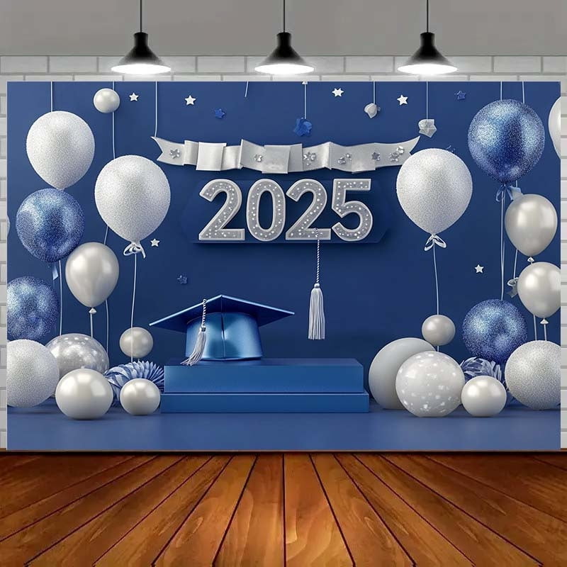 Navy Blue Graduation Themed Backdrop Blue Silver Balloons Navy Blue ...