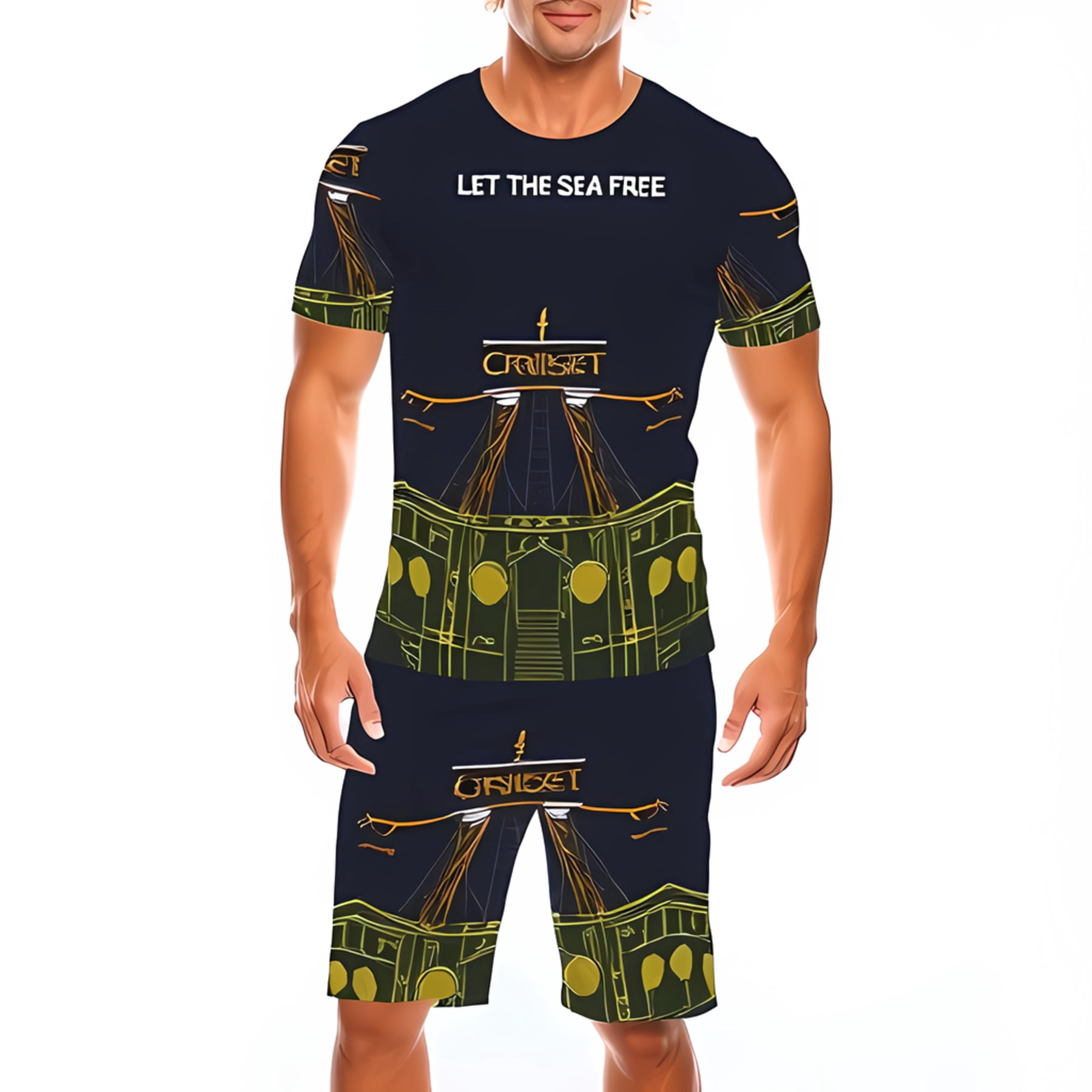 Navy Blue Graphic T-Shirt and Shorts Set with Gold Ship Design - " LET ...