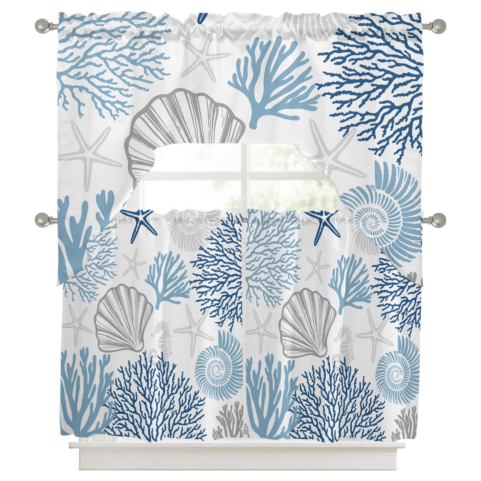 Navy Blue Gray Coastal Curtains Swag and Tiers Curtains Set, Summer ...