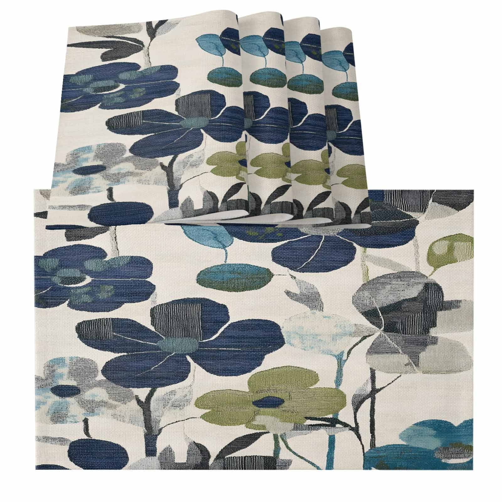 Navy Blue Green Floral Vintage Botanical Leaves Burlap Kitchen Place ...
