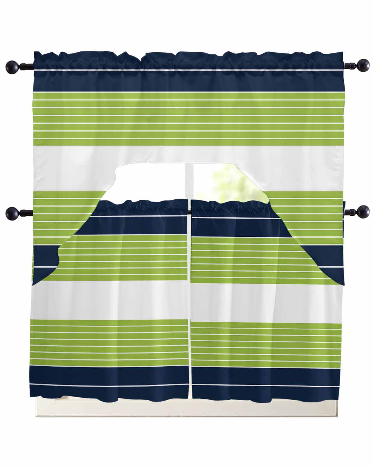 Navy Blue Green Stripe Kitchen Curtains Sets 24 Inch Length with ...