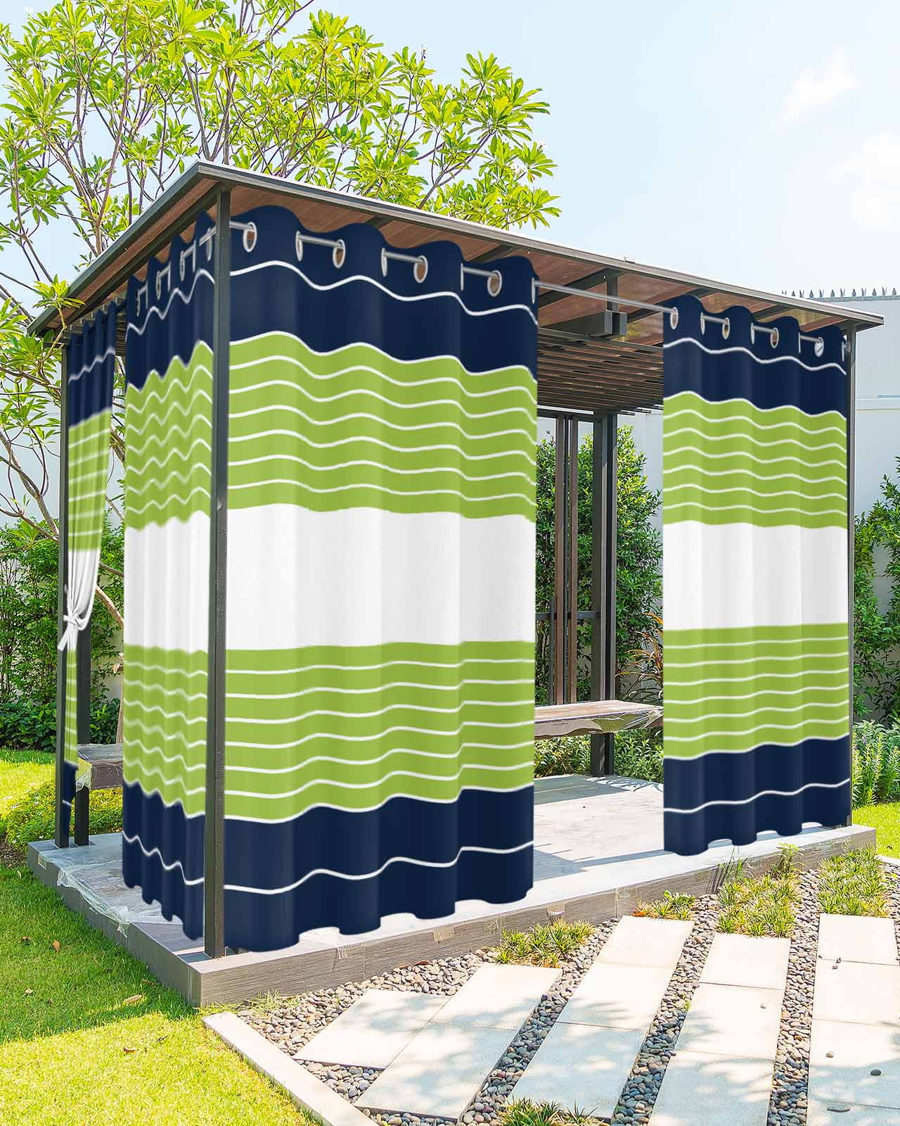 Navy Blue Green Stripe Outdoor Curtains for Patio, Modern Art ...