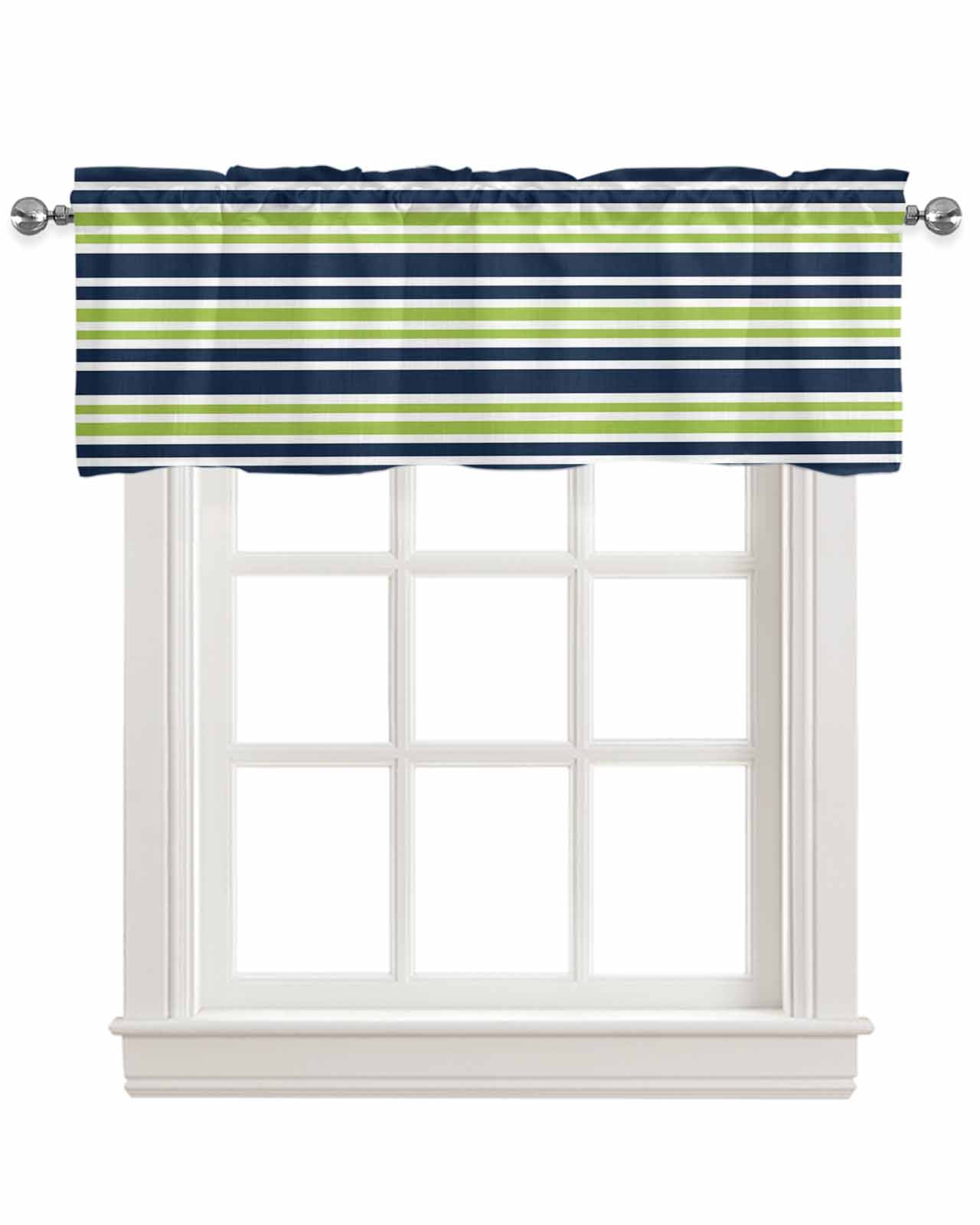 Navy Blue Green Striped Kitchen Valances for Windows Farmhouse Linen ...