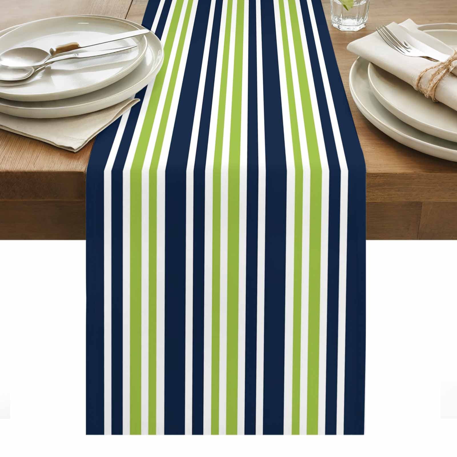 Navy Blue Green Striped Table Runner - 90 Inch Long, Kitchen Dining ...