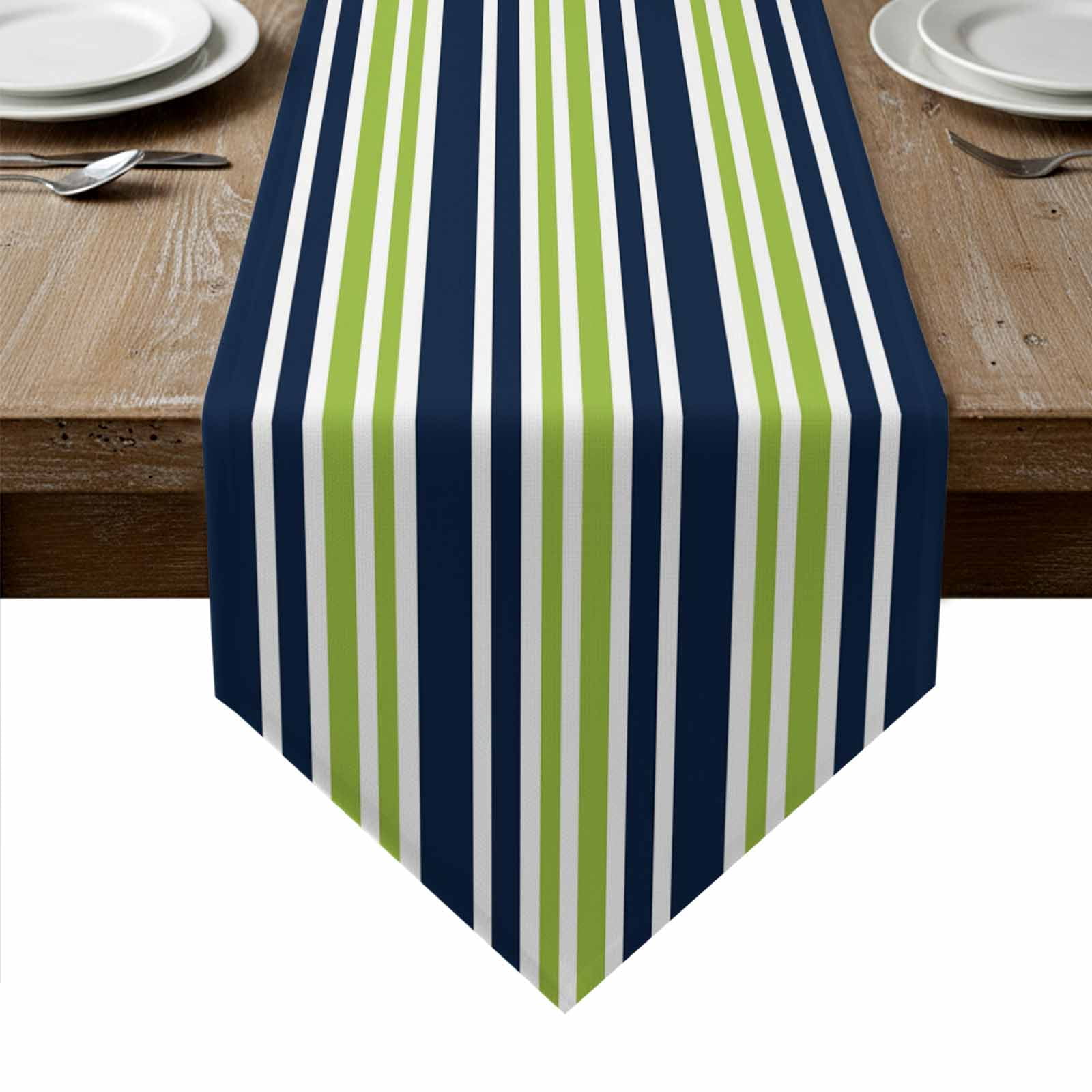 Navy Blue Green Striped Table Runner Linen Burlap Table Runner 70 ...