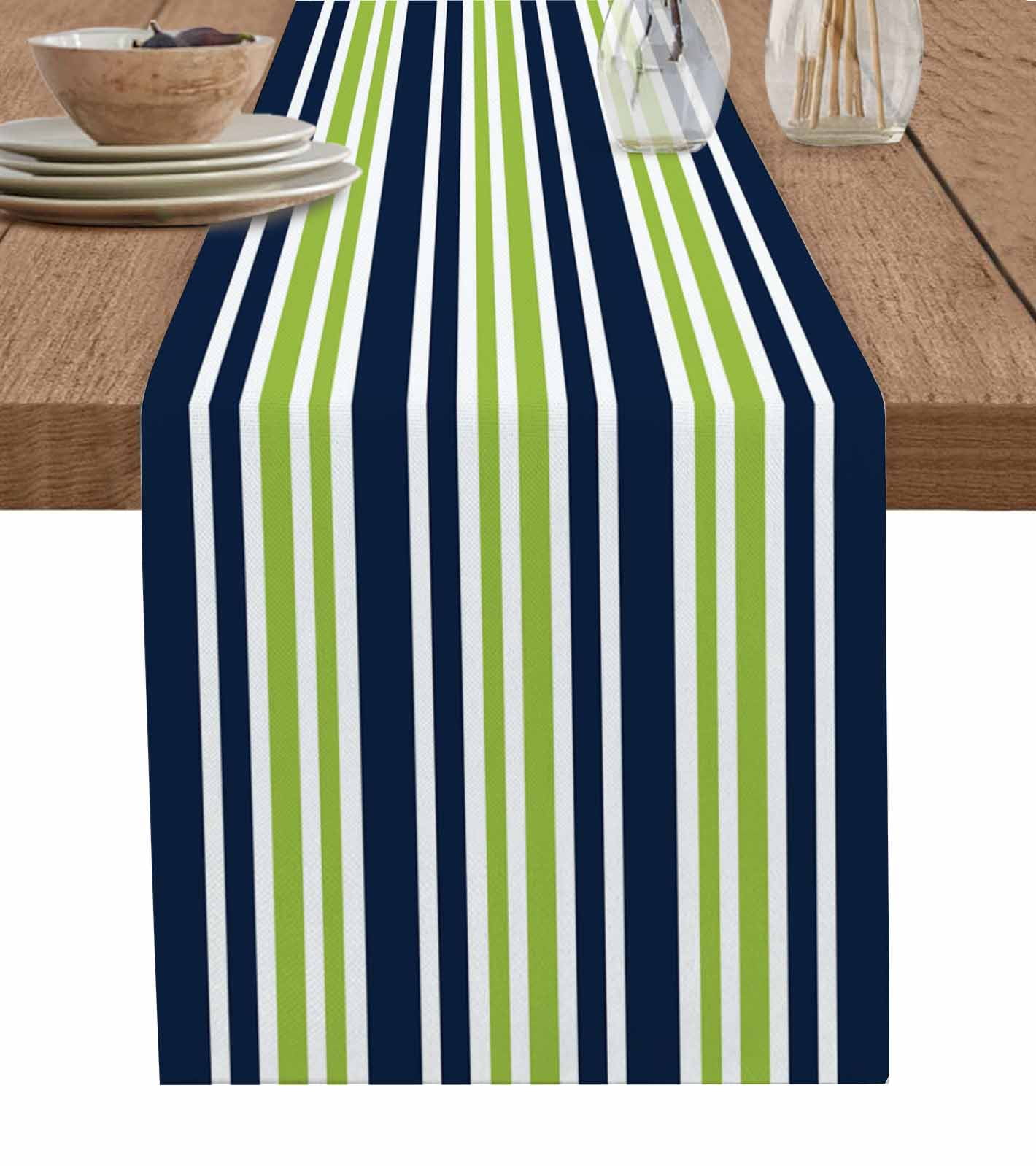 Navy Blue Green Striped Table Runners 60 Inches Long, Cotton Linen ...