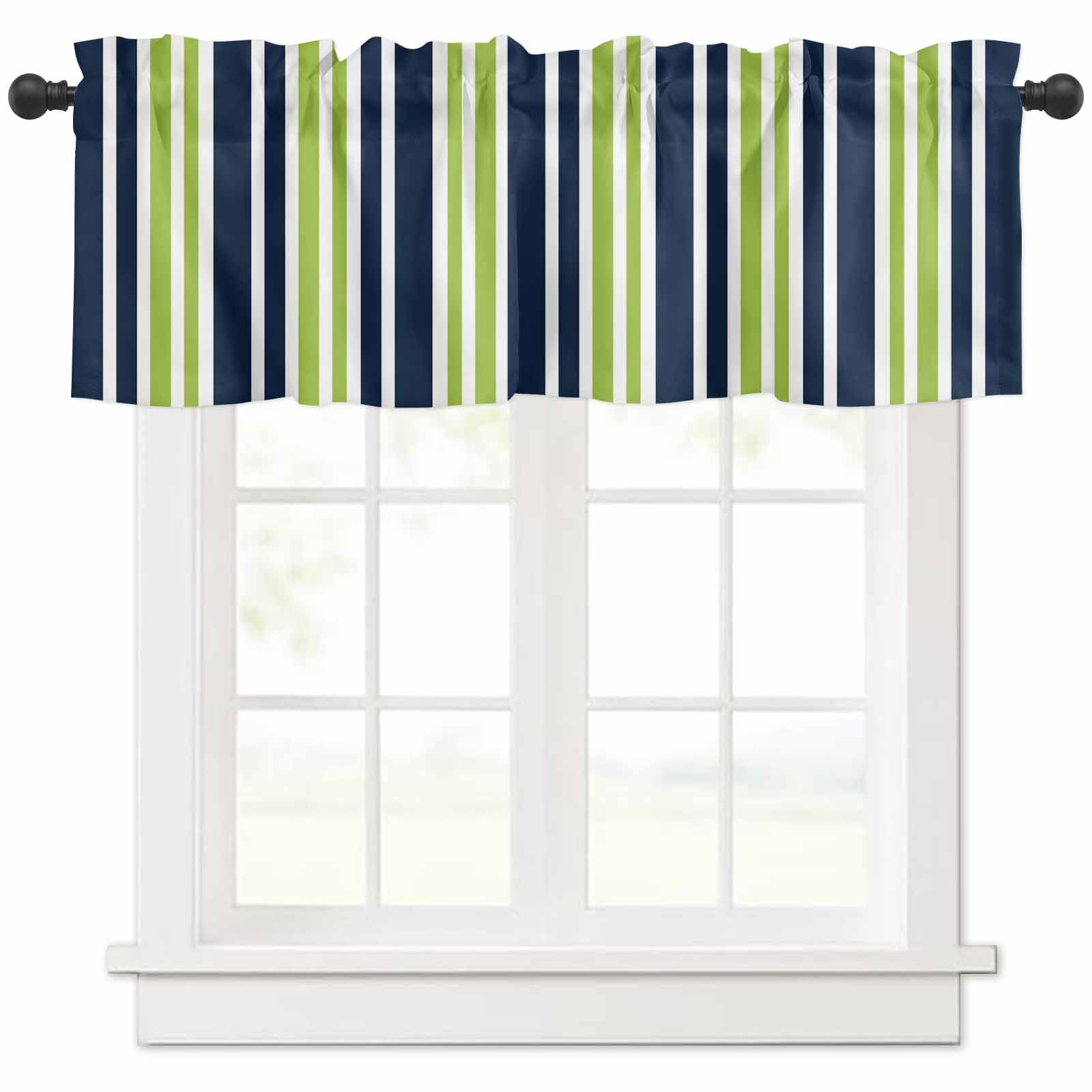 Navy Blue Green Striped Valances for Windows Farmhouse Kitchen Curtains ...