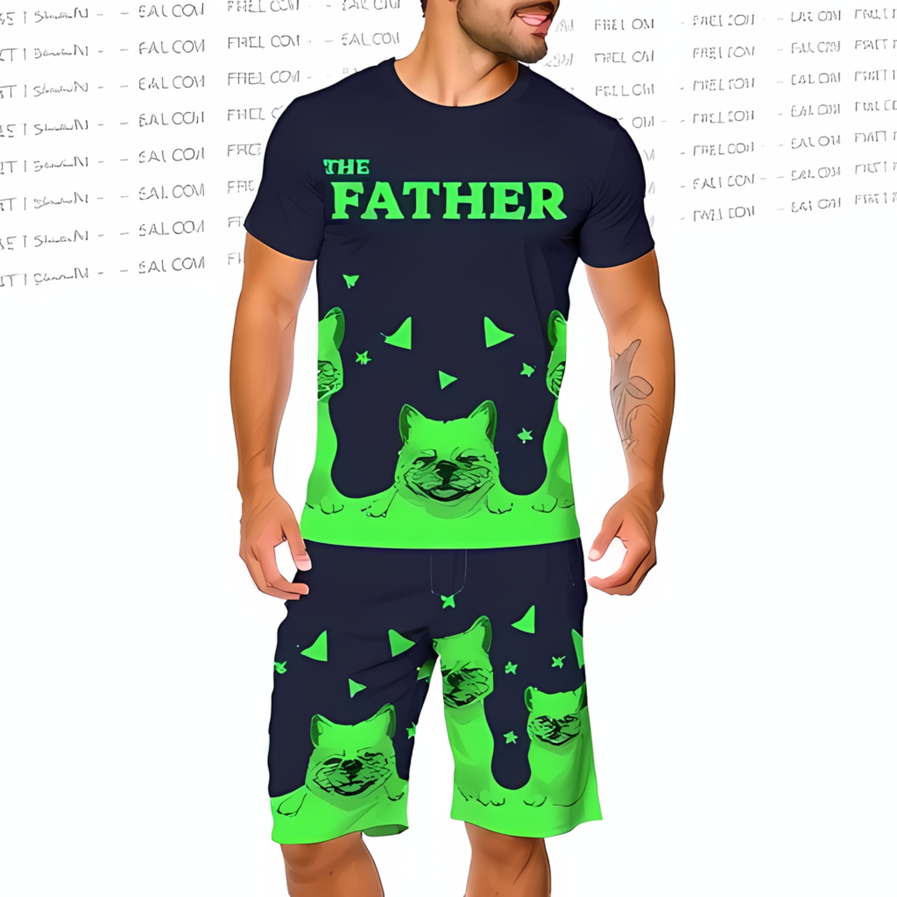 Navy Blue & Green T-Shirt and Shorts Set - Fun Pattern with Geometric ...