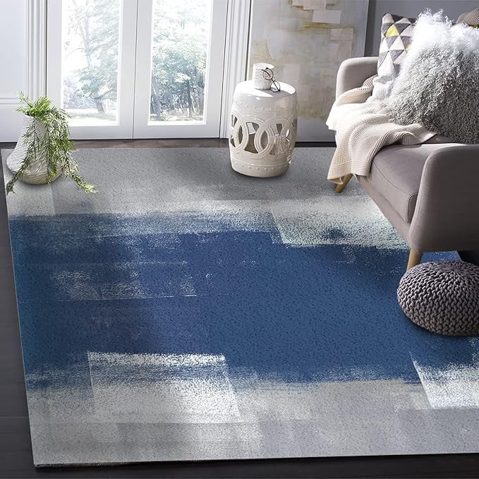 Navy Blue Grey Area Rug, Modern Geometric Oil Painting Living Room Rugs ...