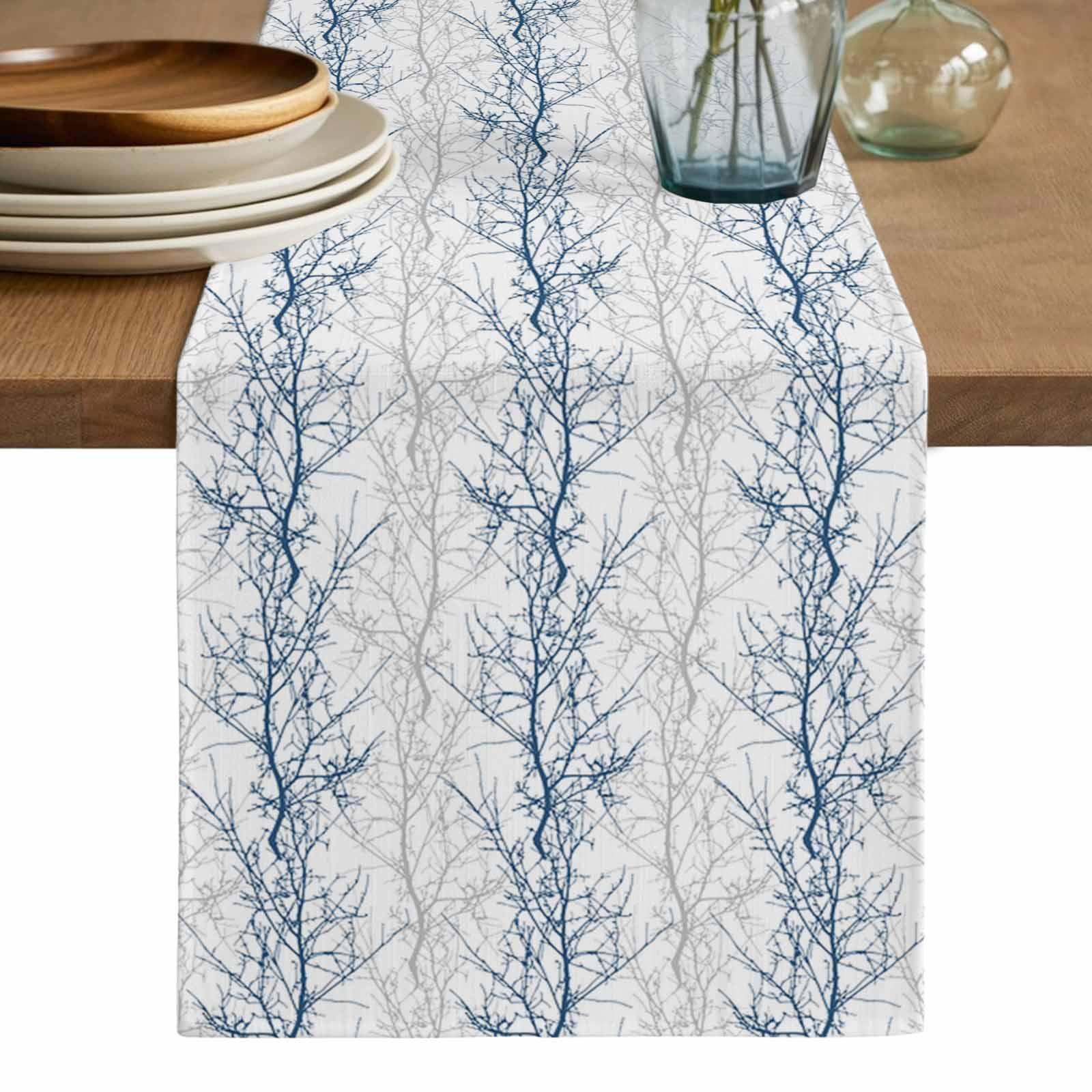 Navy Blue Grey Branch Table Runner, Spring Summer Pastoral Botanical ...