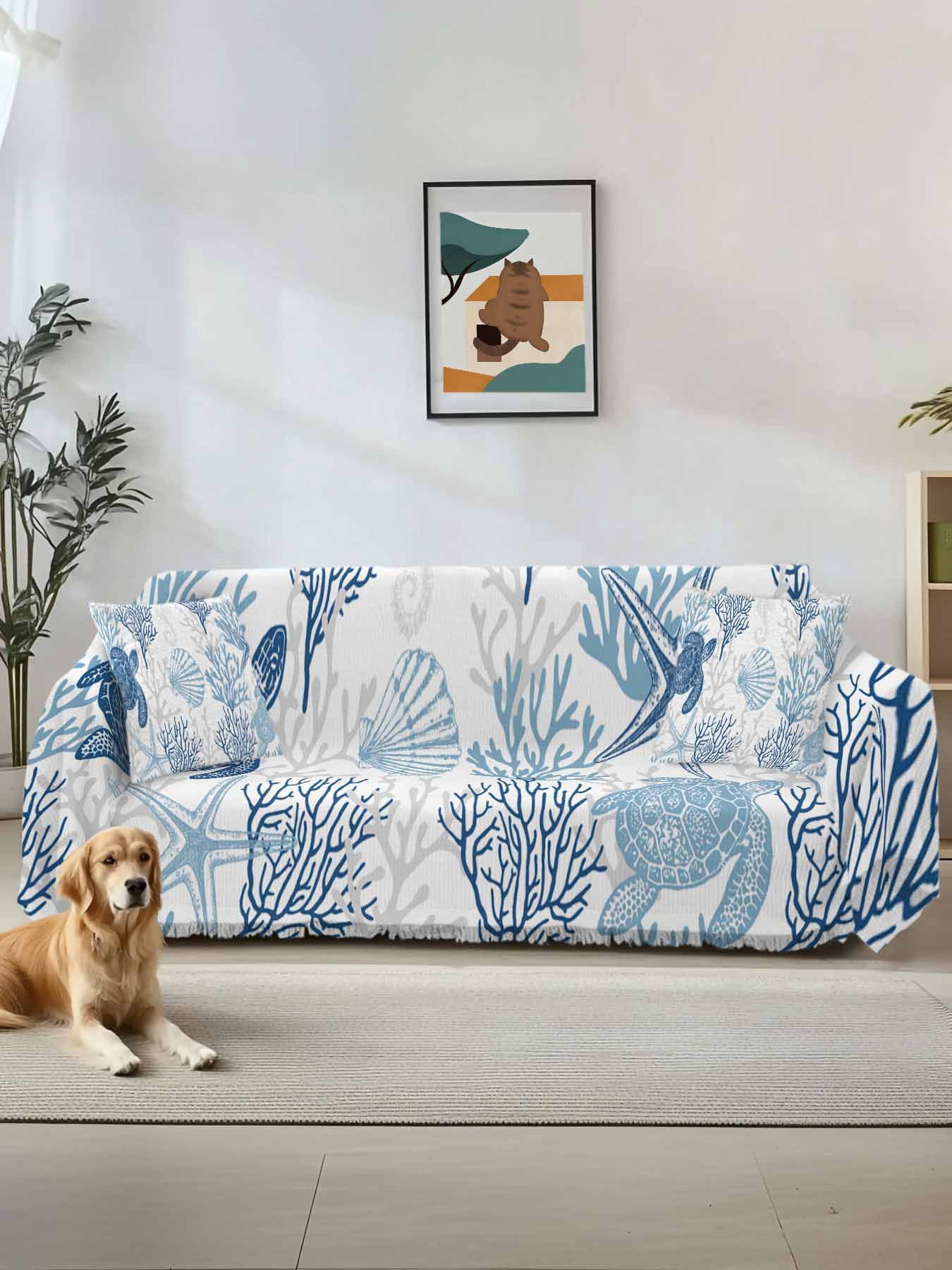 Navy Blue Grey Coastal Couch Cover, Sea Turtle Nautical Coral Summer ...