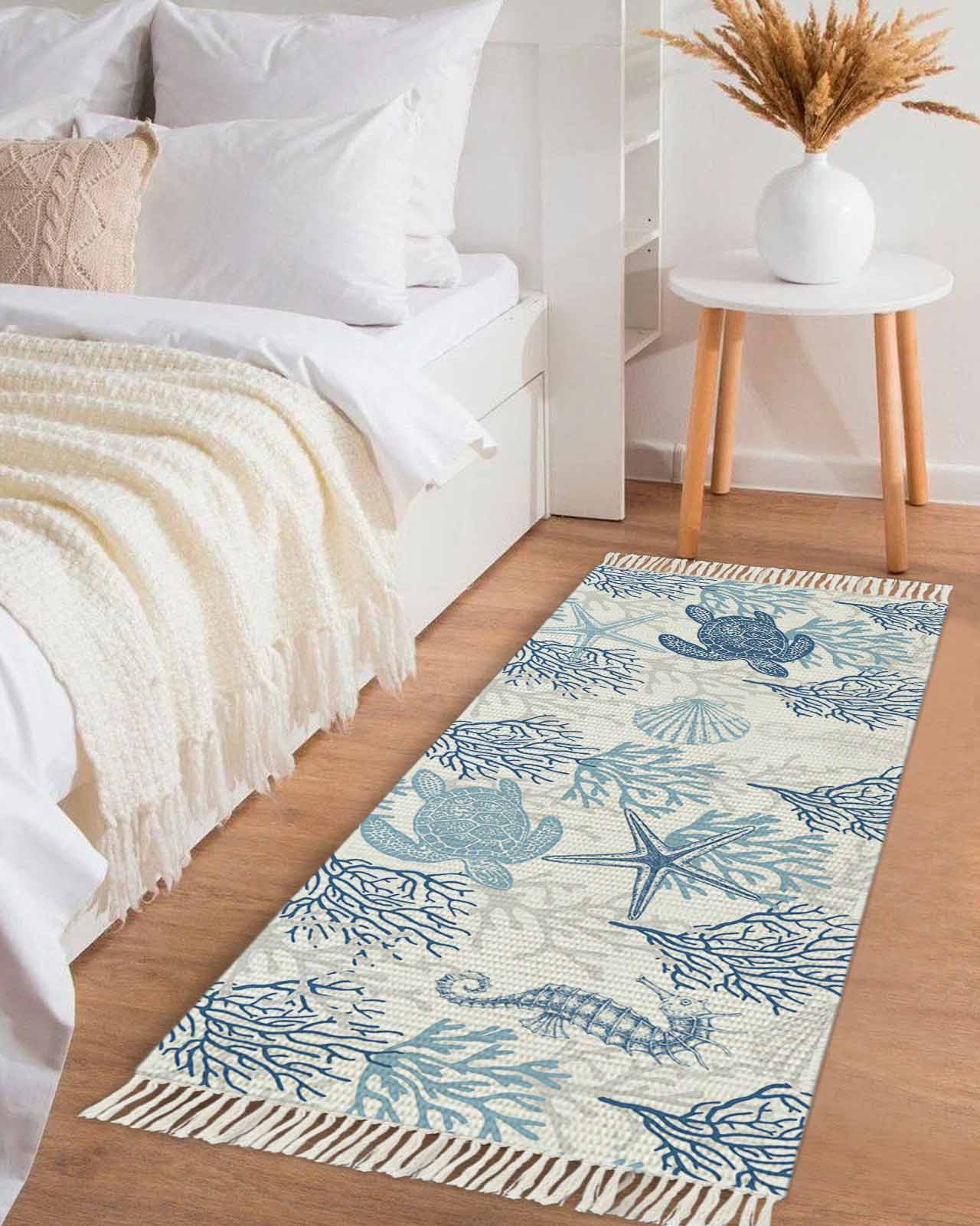 Navy Blue Grey Coastal Hallway Runner Rug 2x5ft,Sea Turtle Nautical ...