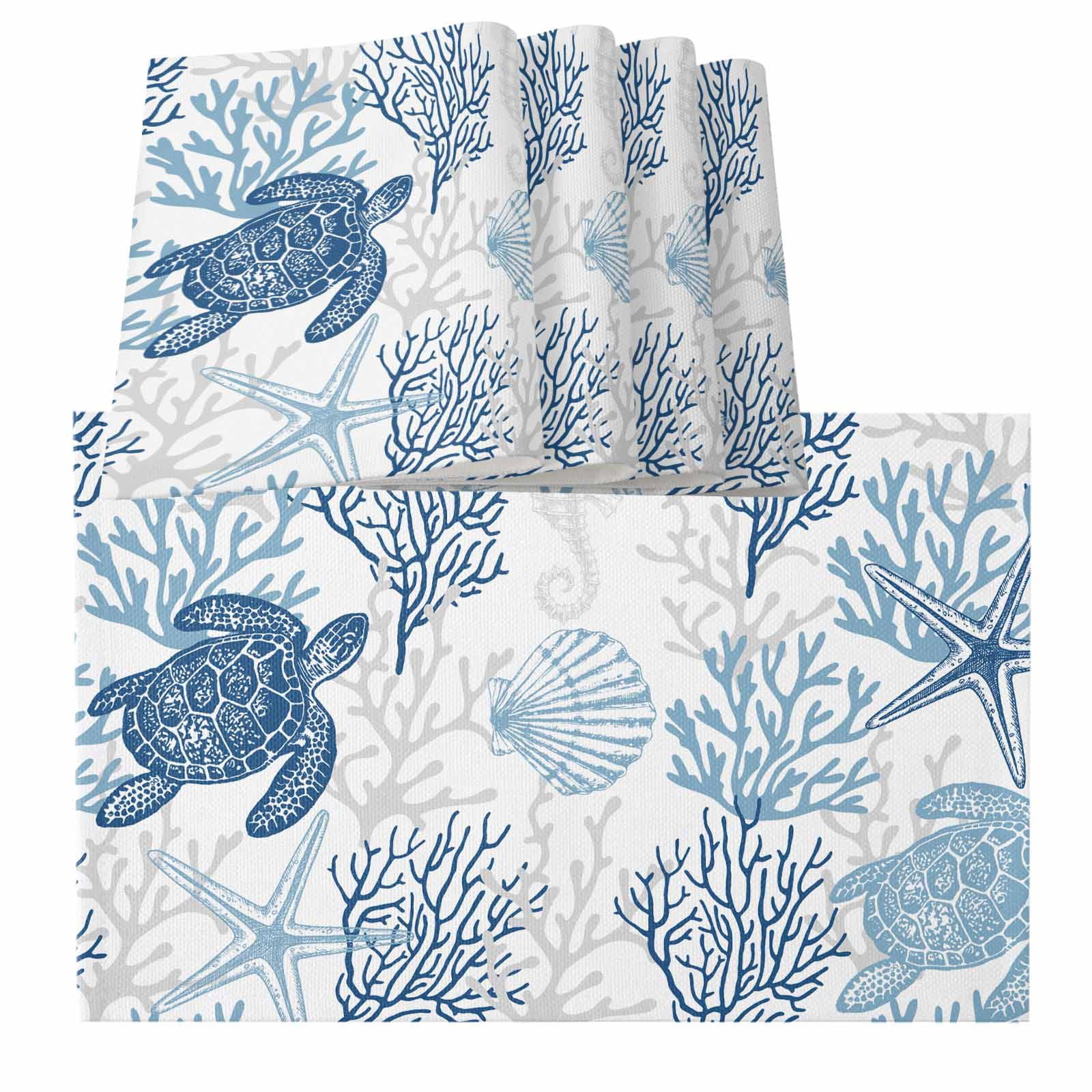 Navy Blue Grey Coastal Sea Turtle Nautical Coral Summer Beach Burlap ...